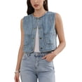 DARING DIVA Women's Crew Neck Button Down Sleeveless Jean Jacket Vest L ...