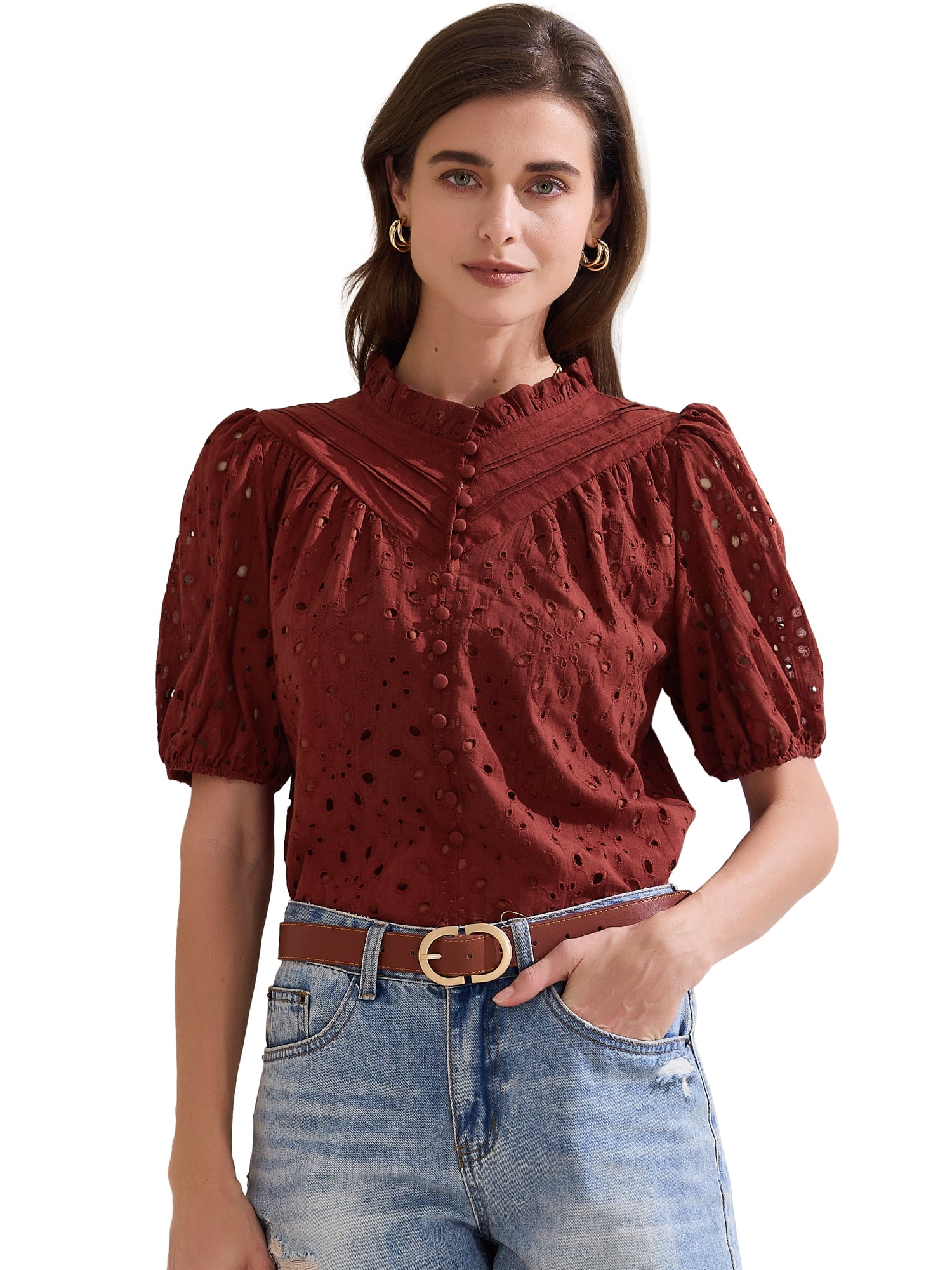 DARING DIVA Women's Crochet Hollow Out Ruffle Neck Peasant Blouse XL ...