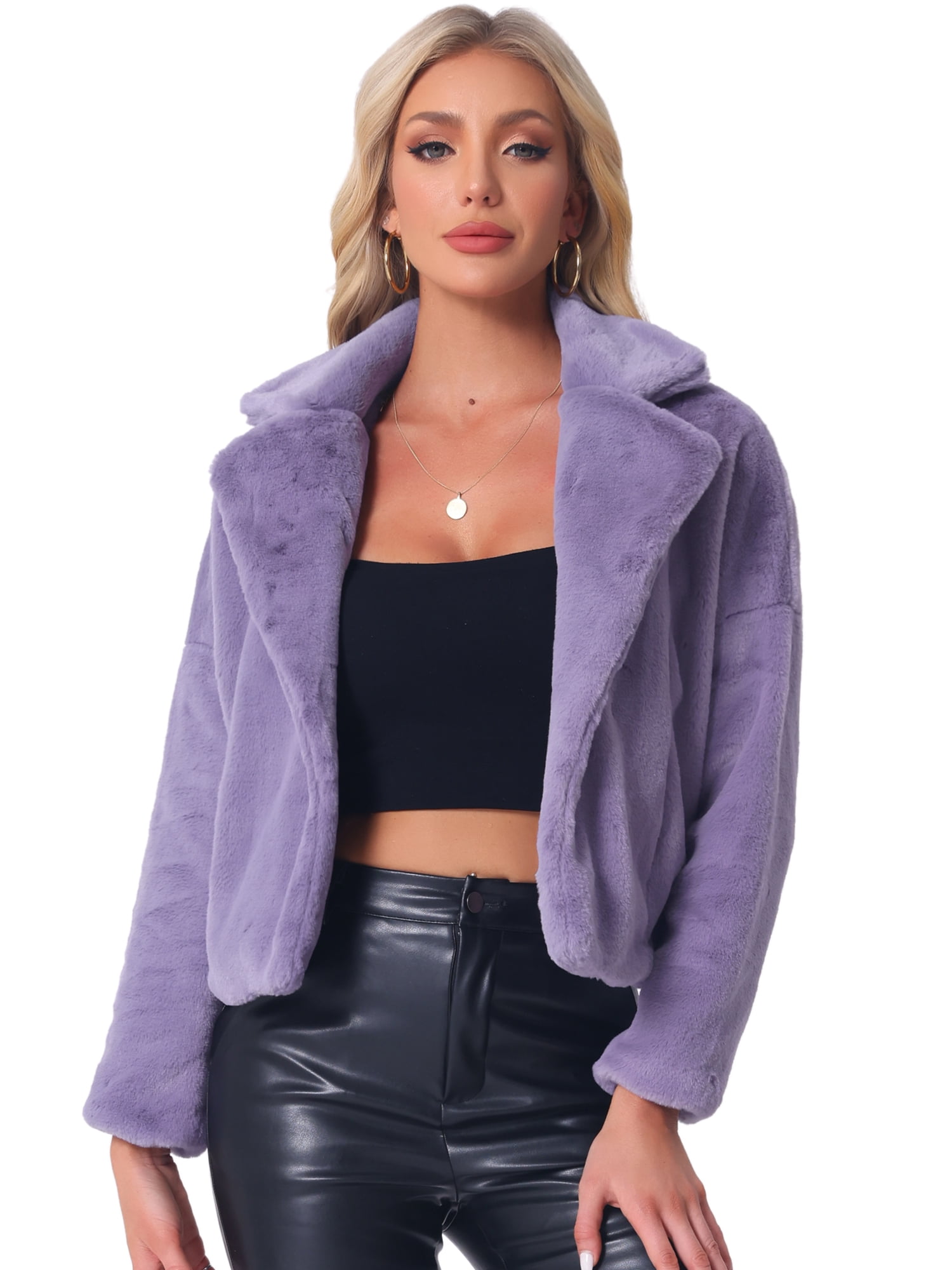 DARING DIVA Women's Cropped Jacket Notch Lapel Faux Fur Fluffy Coat S ...