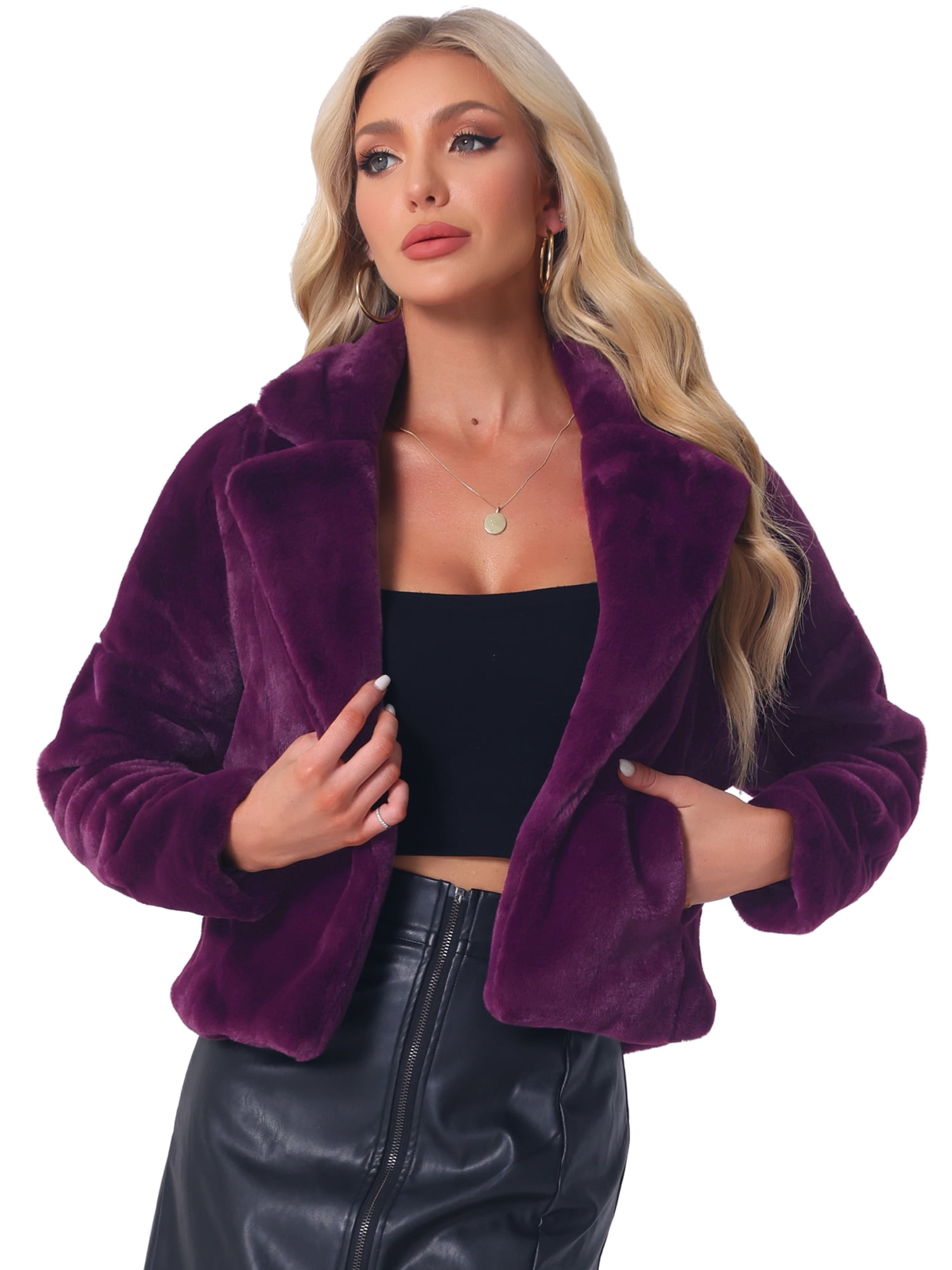 DARING DIVA Women's Cropped Jacket Notch Lapel Faux Fur Fluffy Coat XS ...