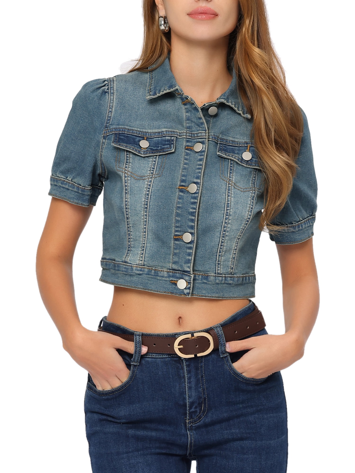 DARING DIVA Women's Cropped Jackets Puff Button Down Washed Denim Jean ...
