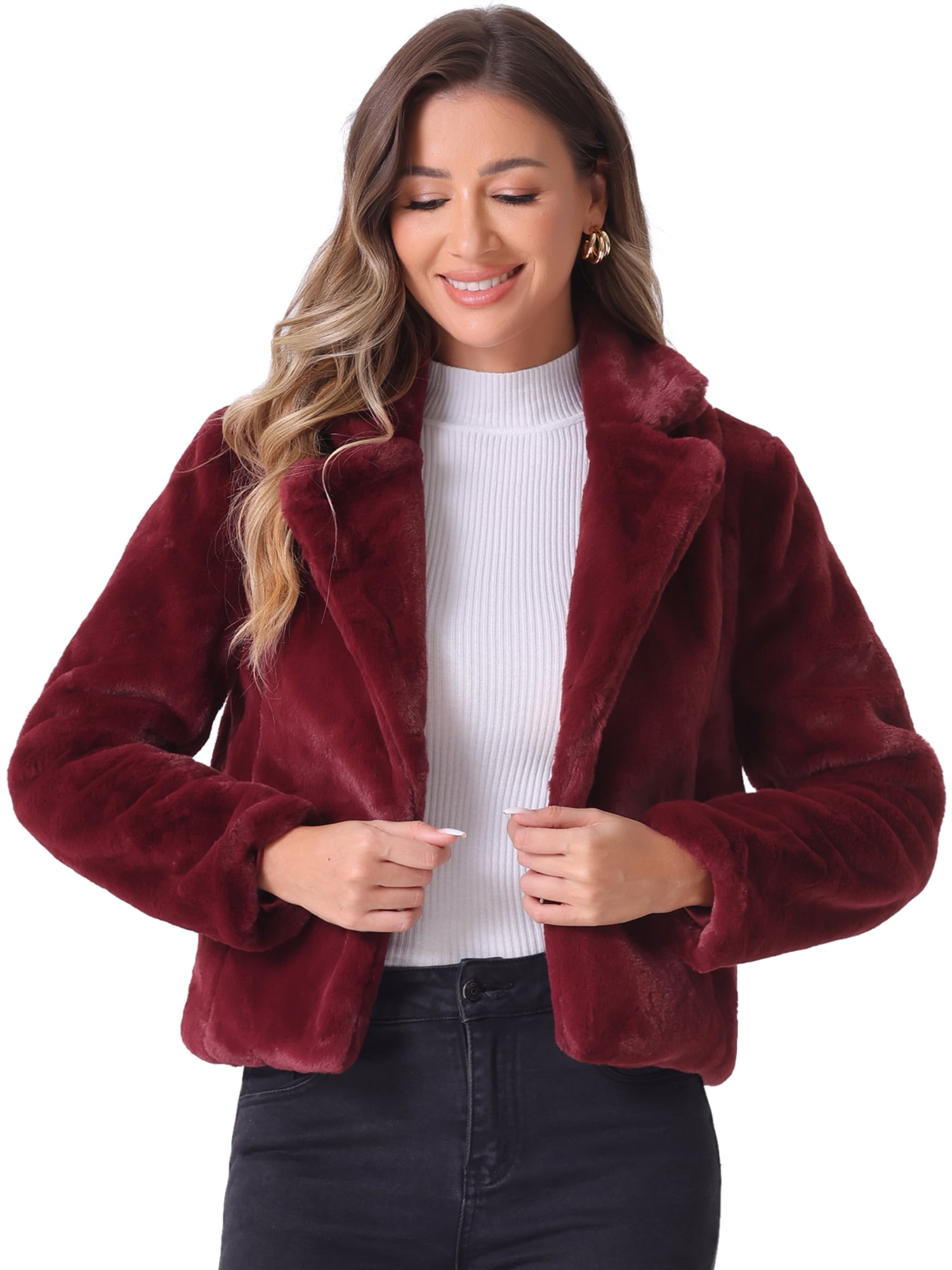DARING DIVA Women's Cropped Notch Lapel Faux Fur Fluffy Coat L Burgundy ...