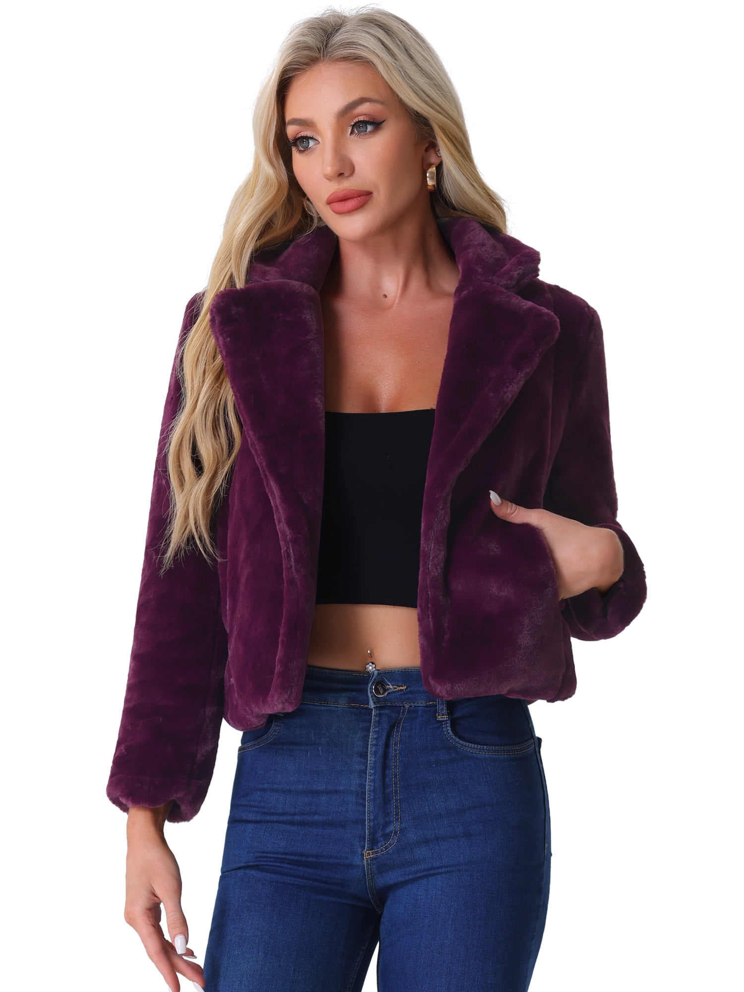 DARING DIVA Women's Cropped Notch Lapel Faux Fur Fluffy Coat XL Deep ...