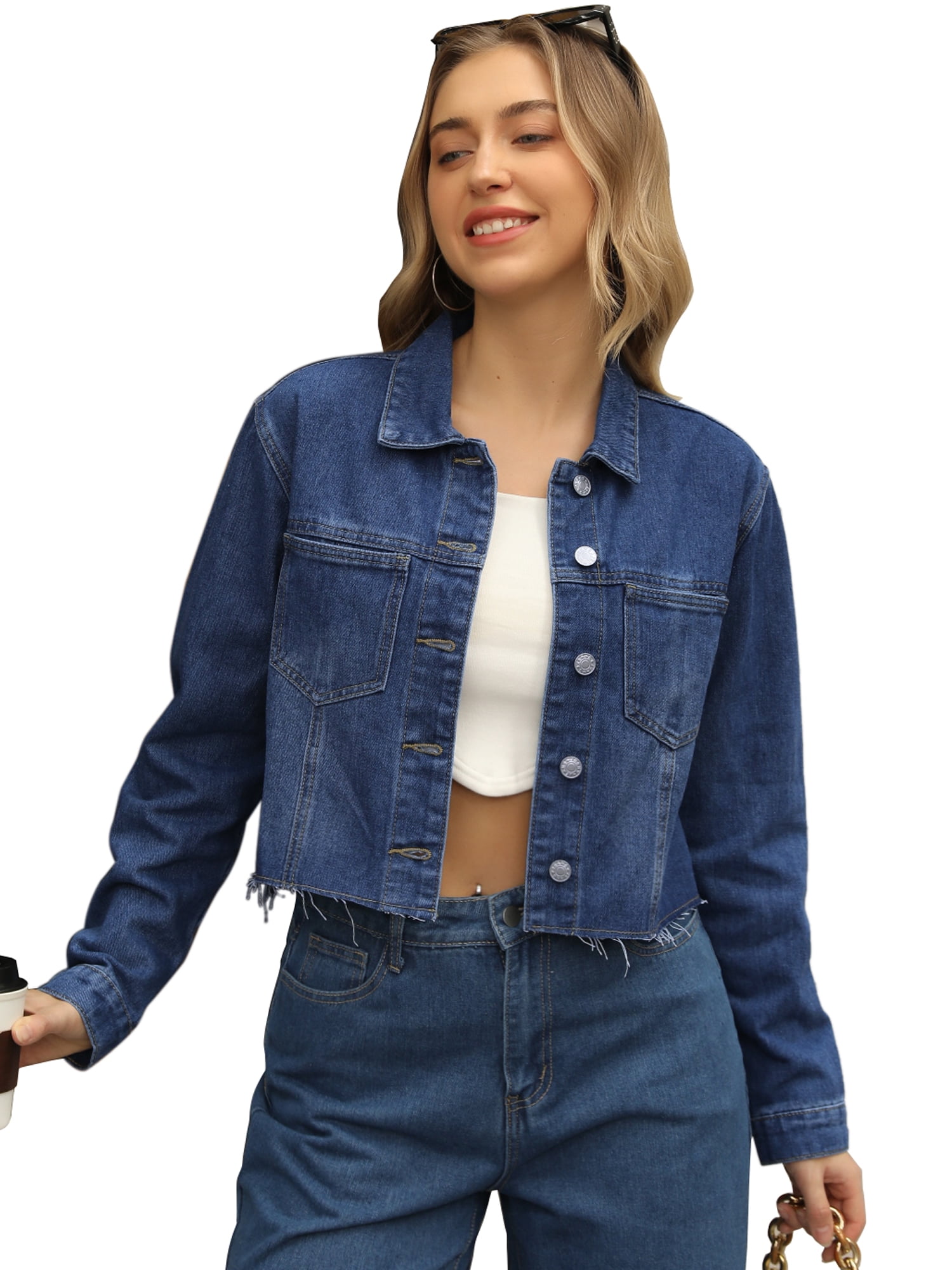 DARING DIVA Women's Cropped Washed Lightweight Frayed Hem Denim Jacket ...