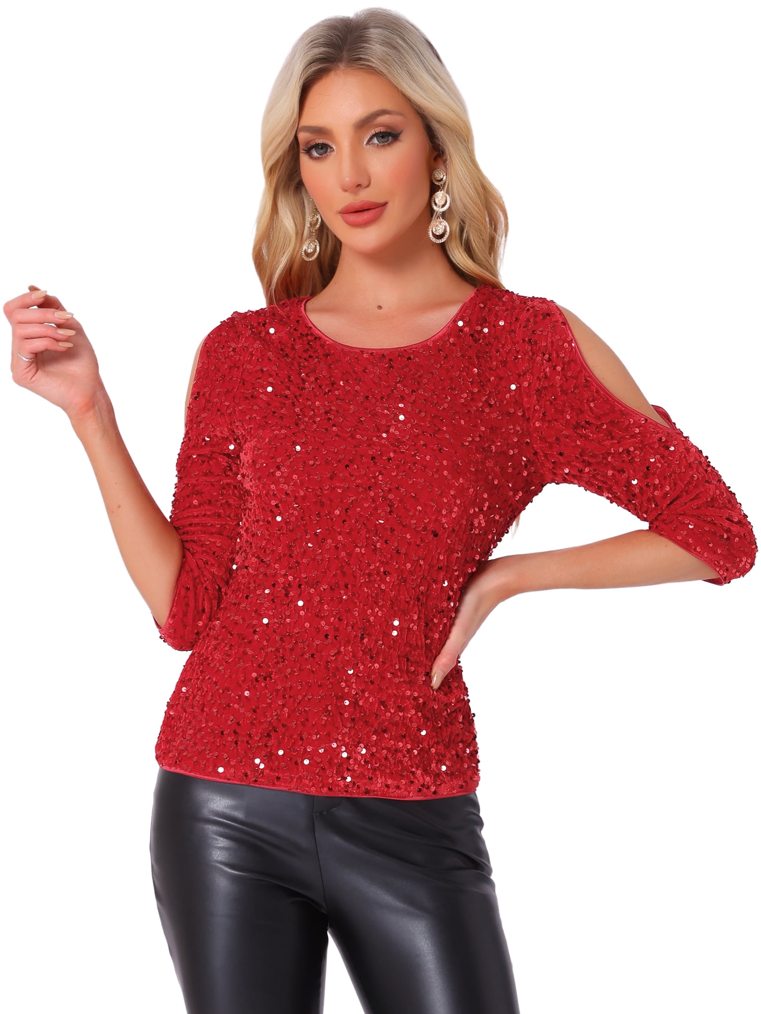 DARING DIVA Women's Cut Out Half Sleeve Sequin Velvet Tops S Red ...