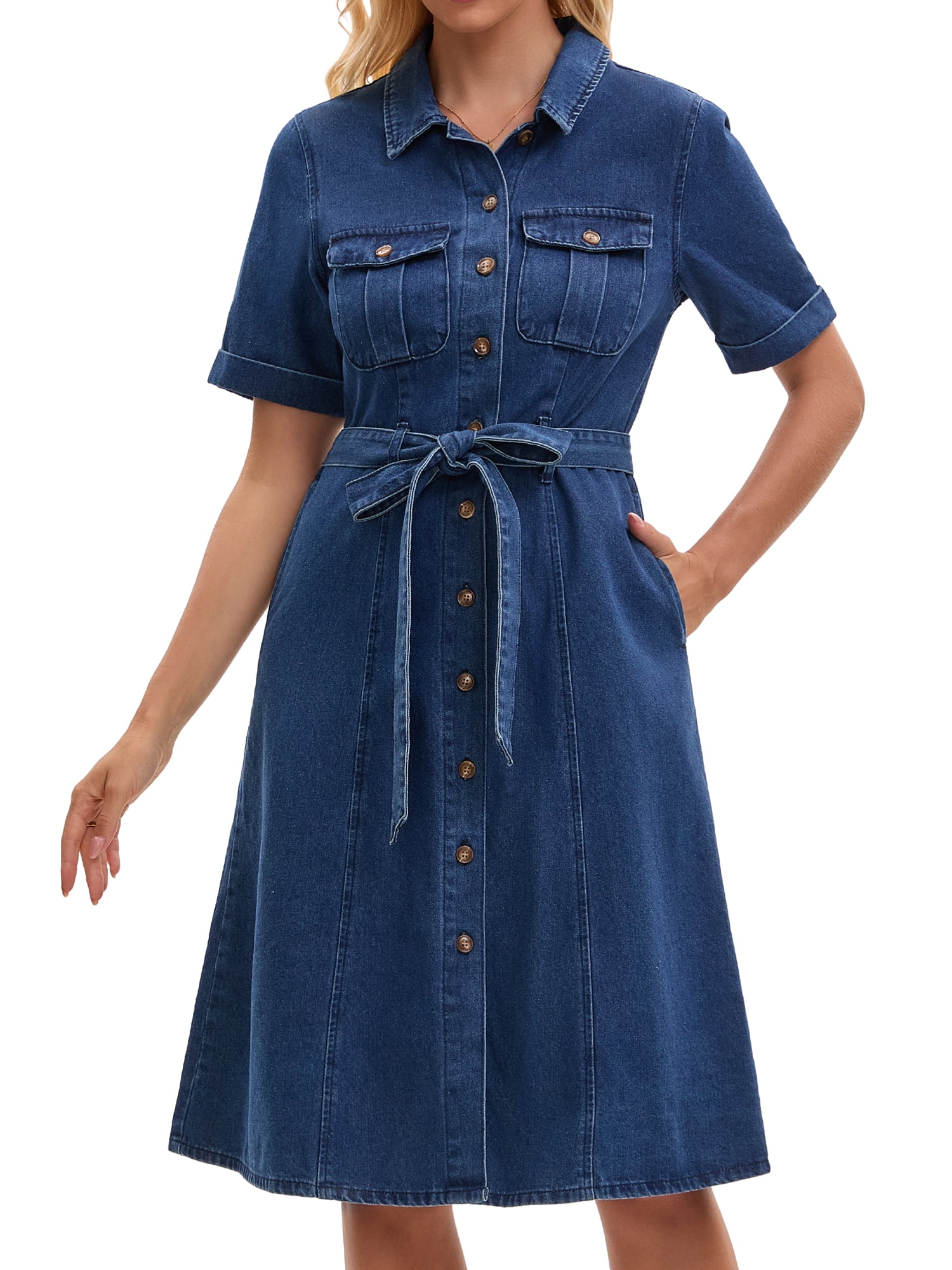 DARING DIVA Women's Denim Button Down Short Sleeve Belted Jean Shirt ...