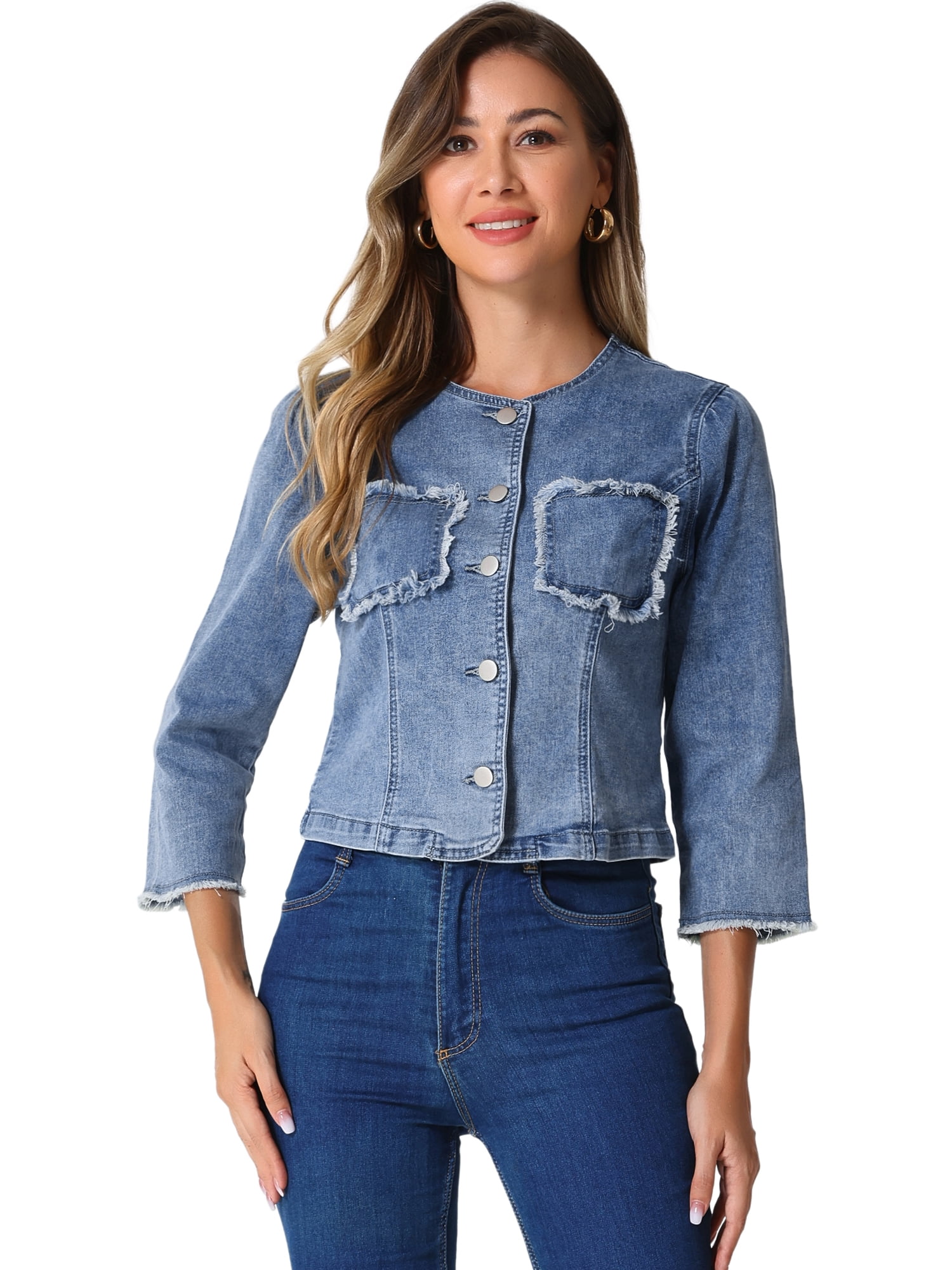 DARING DIVA Women's Denim Crop Round Neck Button Down Frayed Jean ...
