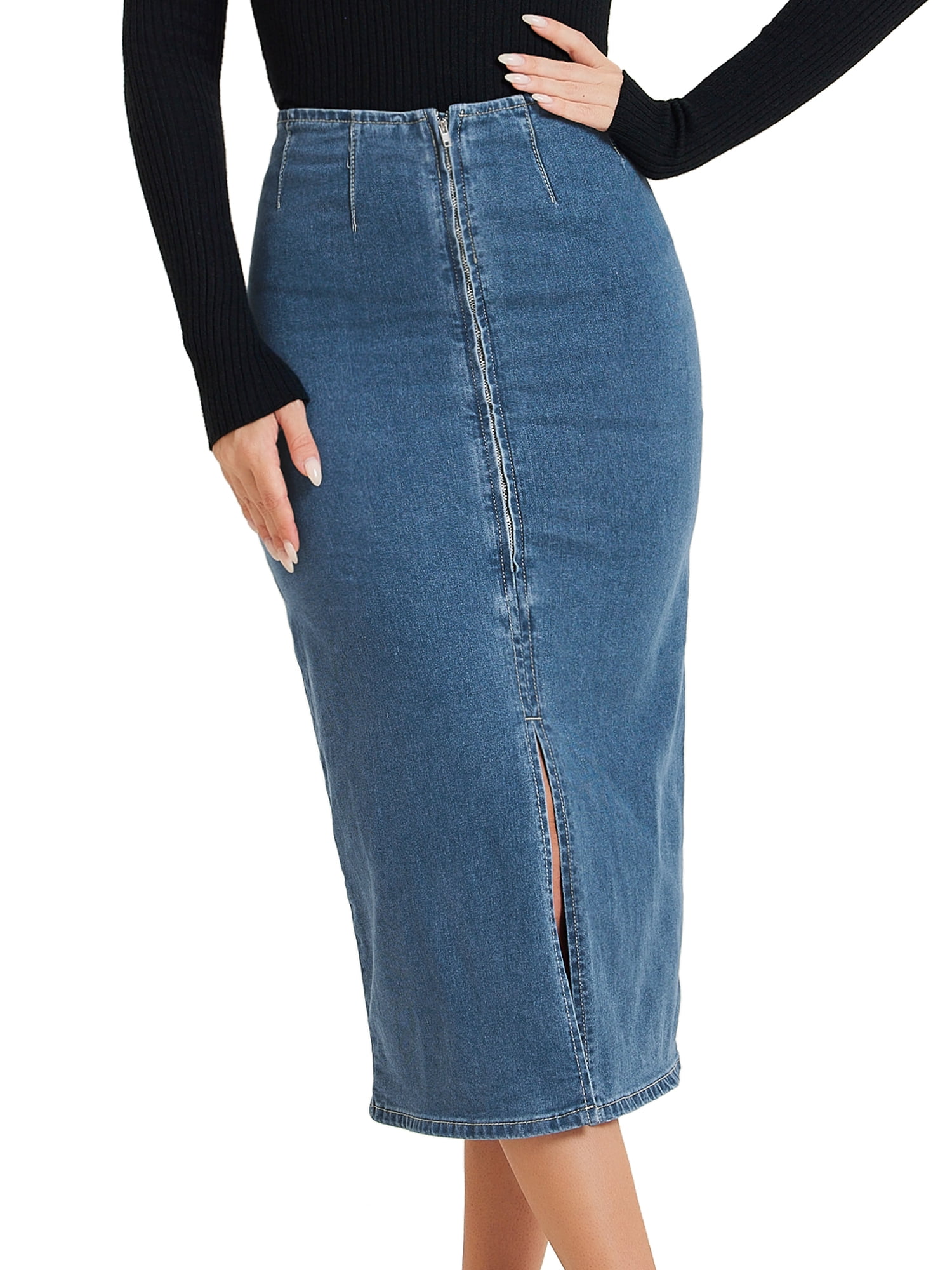 DARING DIVA Women's Denim Front Slit Zipper Bodycon Midi Jean Skirt L ...