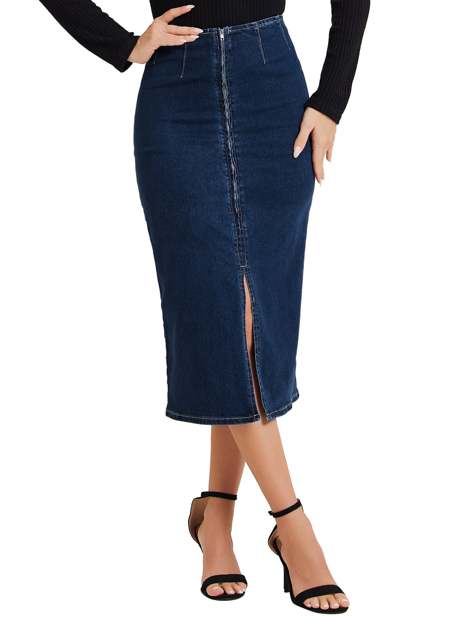 DARING DIVA Women's Denim Front Slit Zipper Bodycon Midi Jean Skirt XS ...
