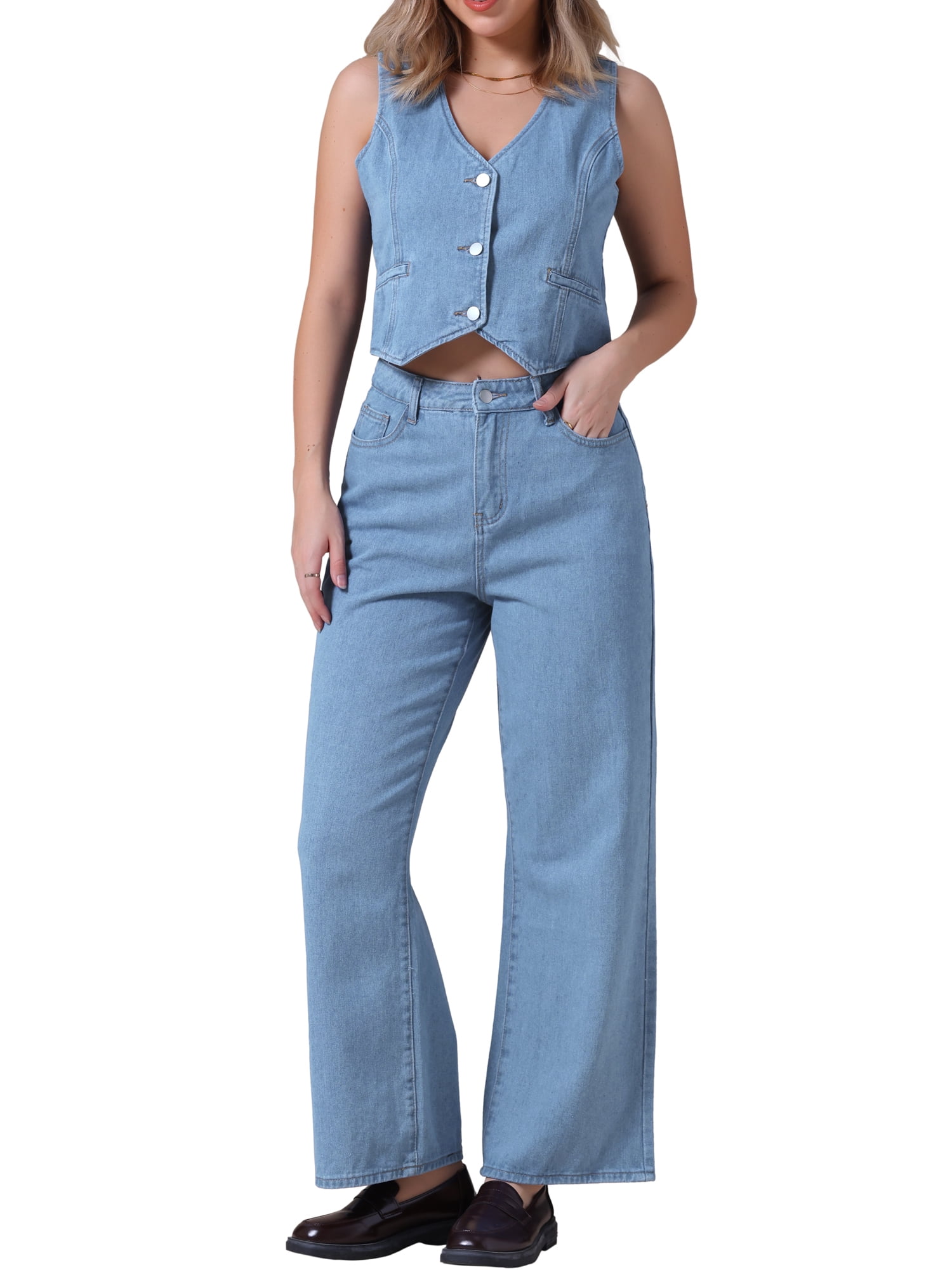 DARING DIVA Women's Denim Set 2 Pieces Outfits Matching Wide Leg Jeans ...