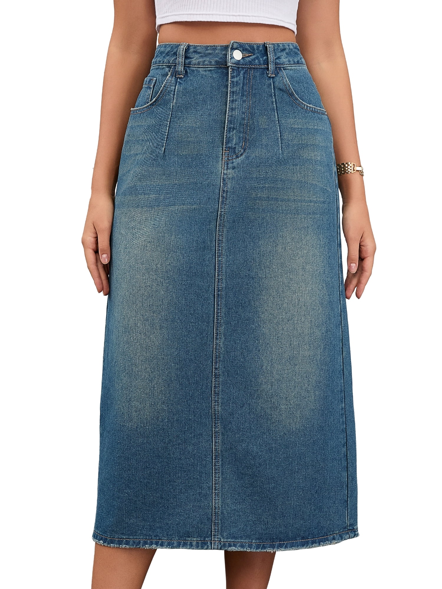 DARING DIVA Women's Denim Split Back Pockets Pencil Midi Jean Skirts ...