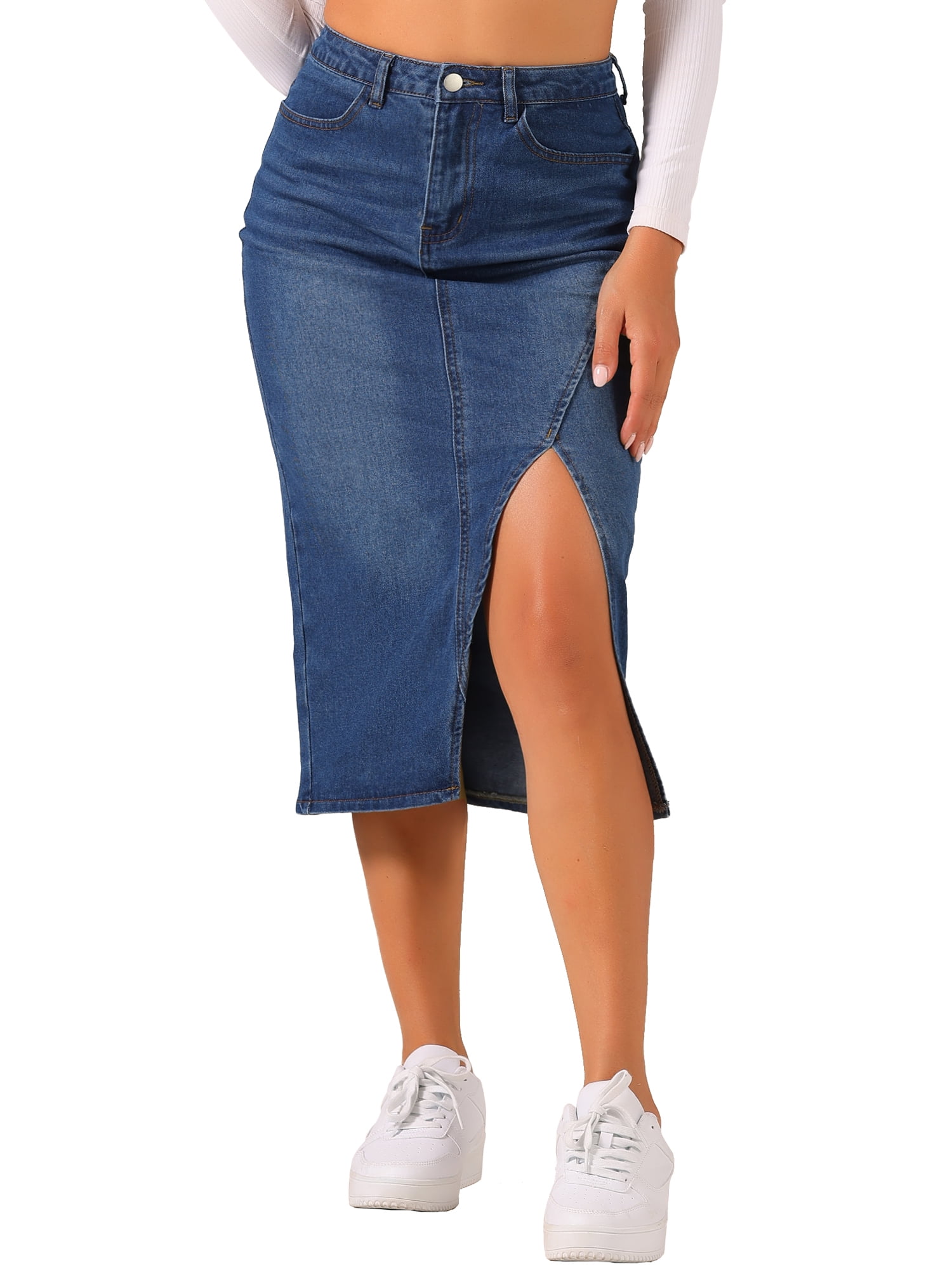 DARING DIVA Women's Denim Split Front Midi Jean Skirts L Dark Blue ...