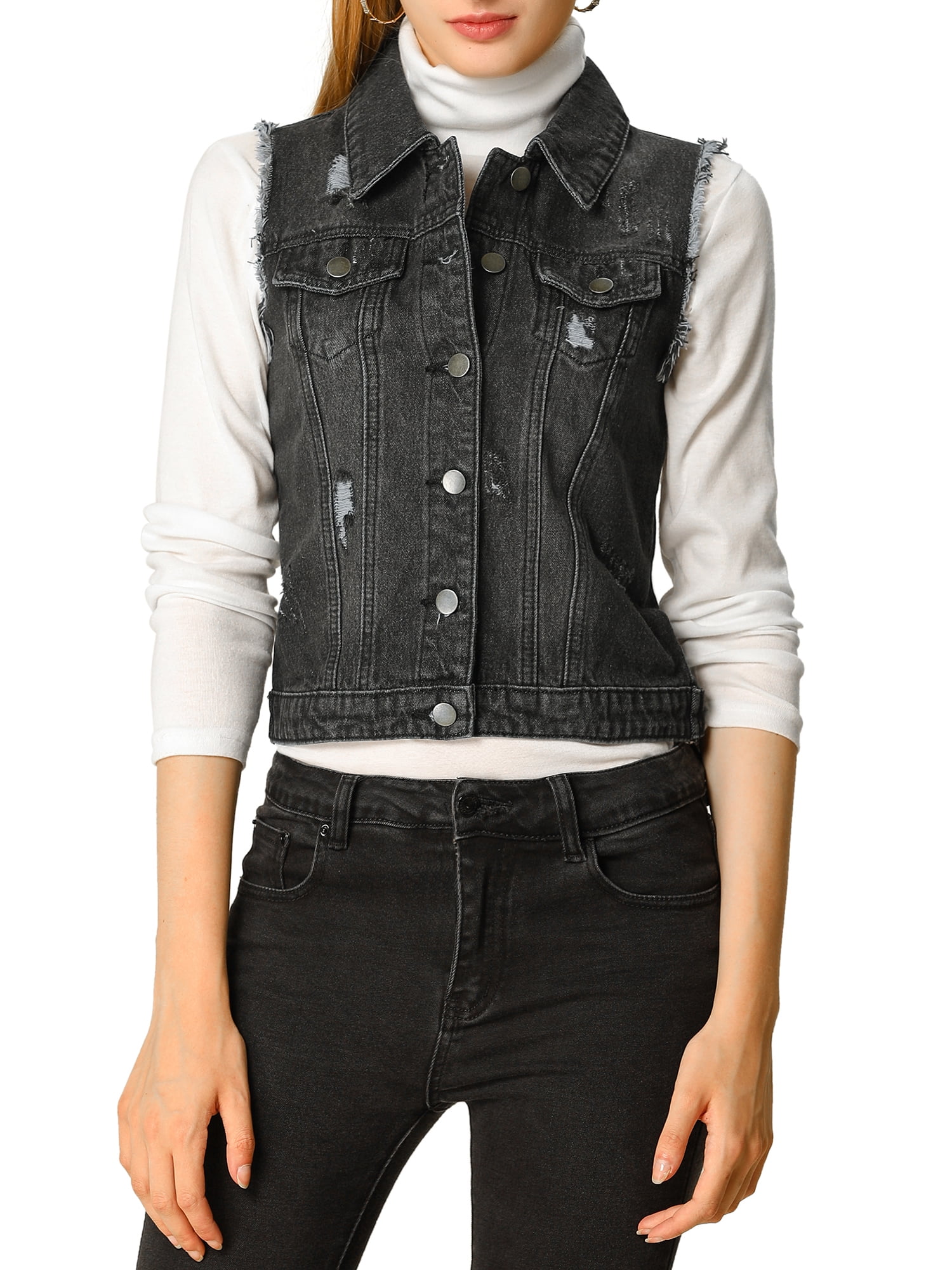DARING DIVA Women's Denim Vests Collared Washed Distressed Jean Vest M ...