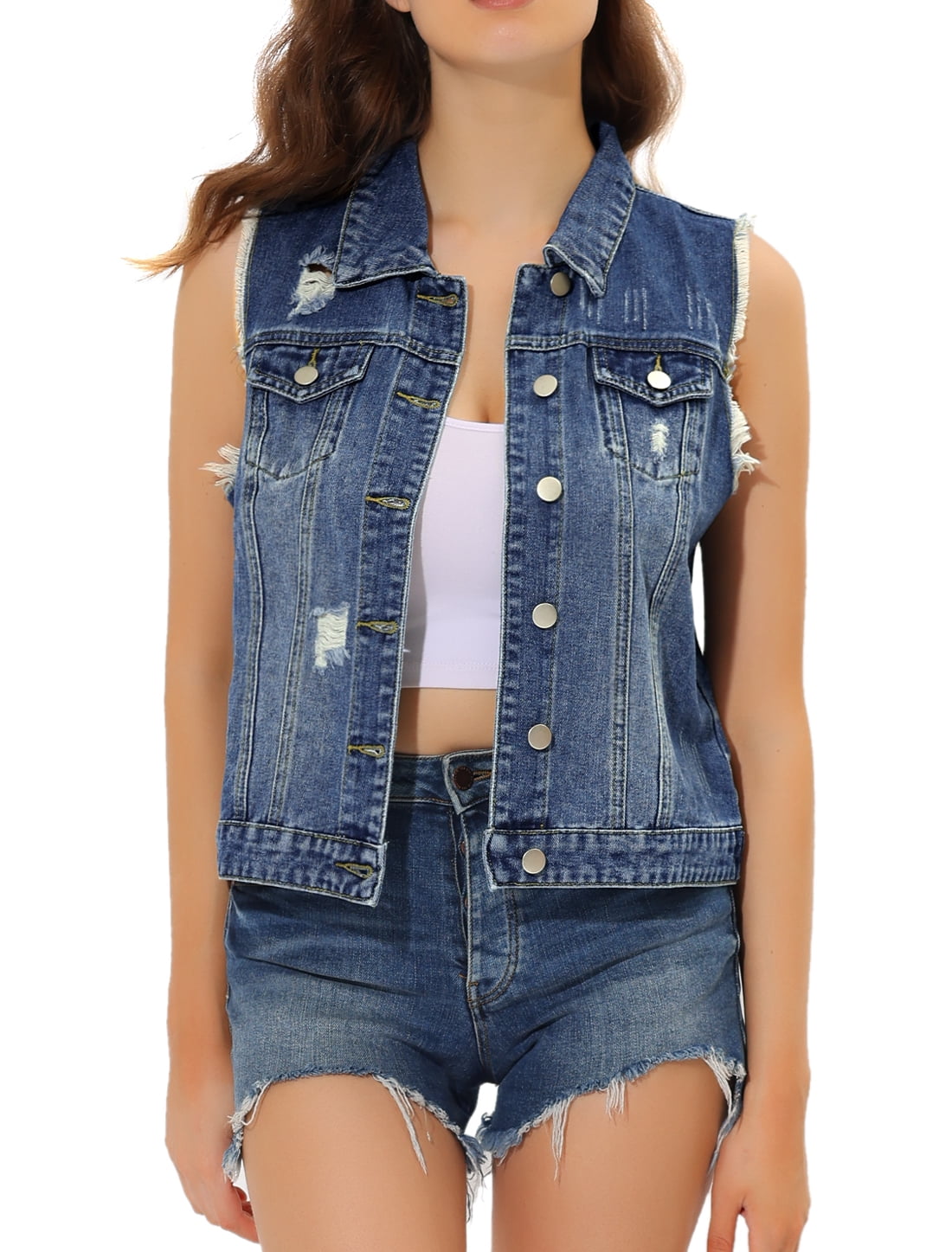 DARING DIVA Women's Denim Vests Collared Washed Distressed Jean Vest M ...