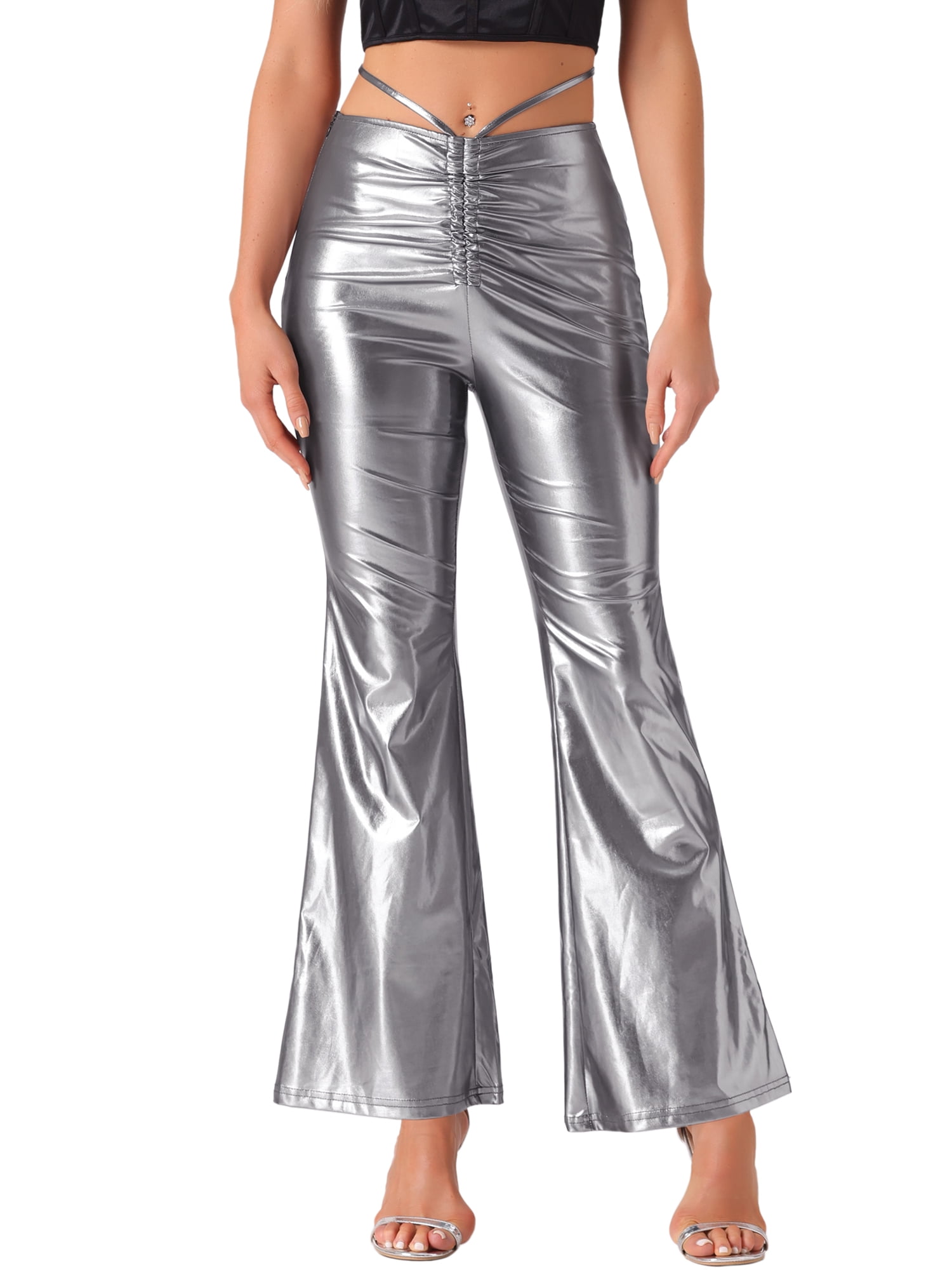 DARING DIVA Women's Disco Outfit Drawstring Metallic Wide Leg Pants L ...