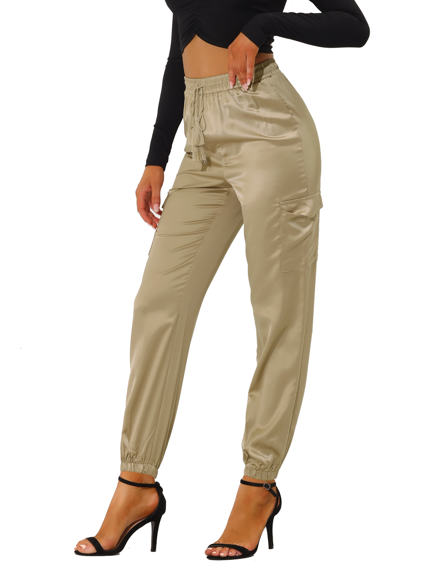 DARING DIVA Women's Drawstring Elastic High Waist Satin Cargo Pants XL ...