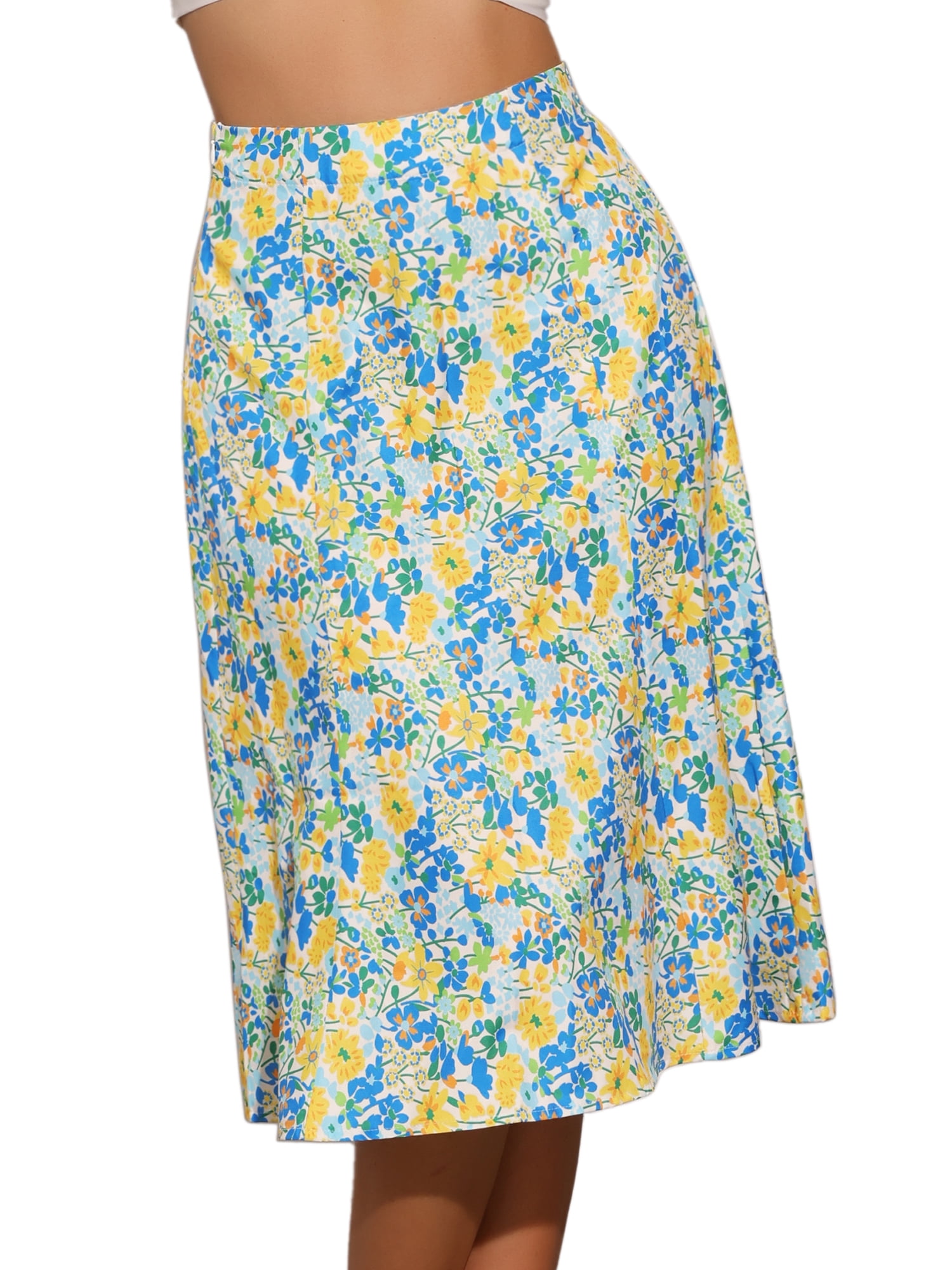 DARING DIVA Women's Elastic Waist A-Line Midi Skirt L Apricot Flower ...