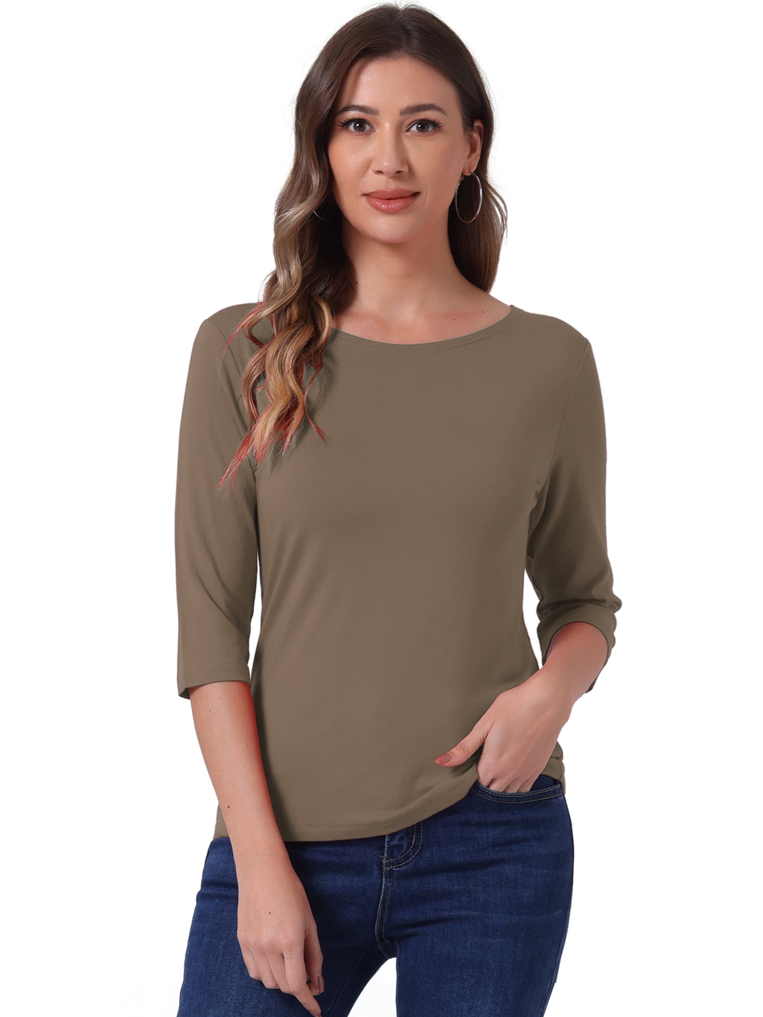 DARING DIVA Women's Elbow Sleeves Boat Neck Slim Fit Classic Tee XS Camel - Walmart.com