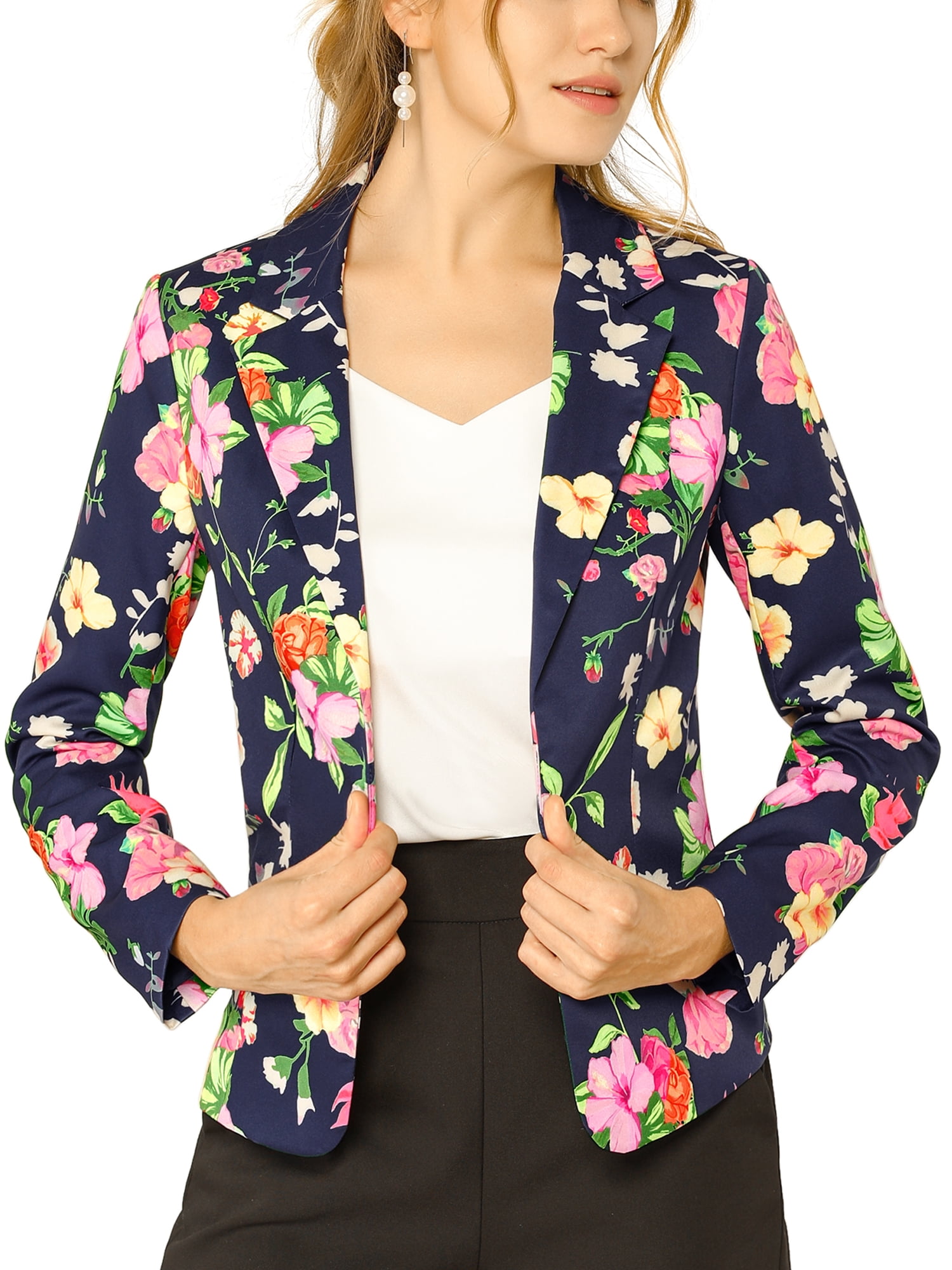 DARING DIVA Women's Elegant Notched Lapel Floral Print Blazer M Navy ...