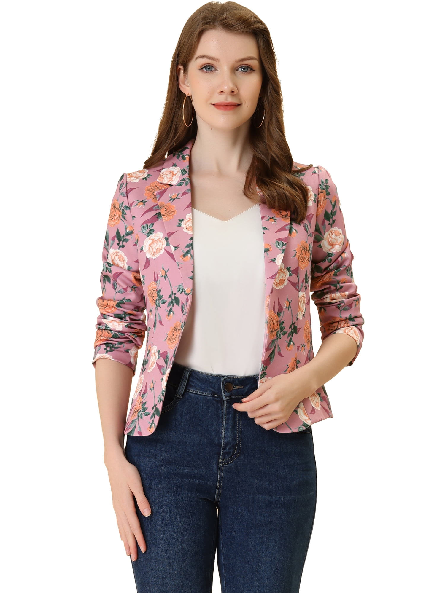 DARING DIVA Women's Elegant Notched Lapel Floral Print Blazer S Rose ...