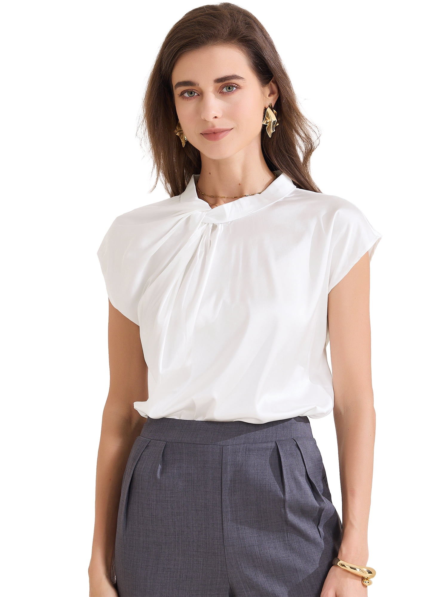 DARING DIVA Women's Elegant Satin Cap Sleeve Pleated Neck Blouse M ...