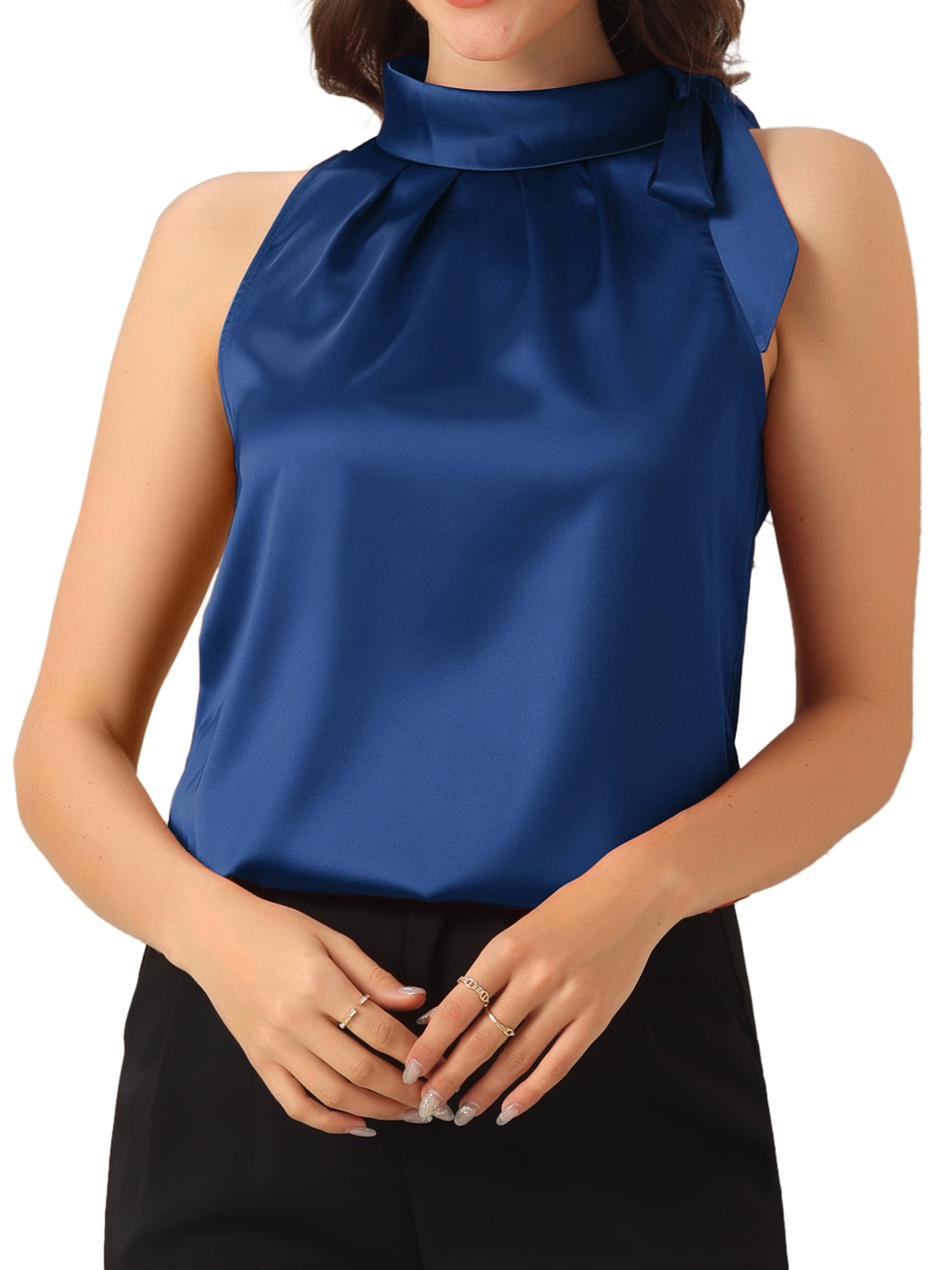 DARING DIVA Women's Elegant Sleeveless Bow Tie Neck Work Tops XL Navy ...