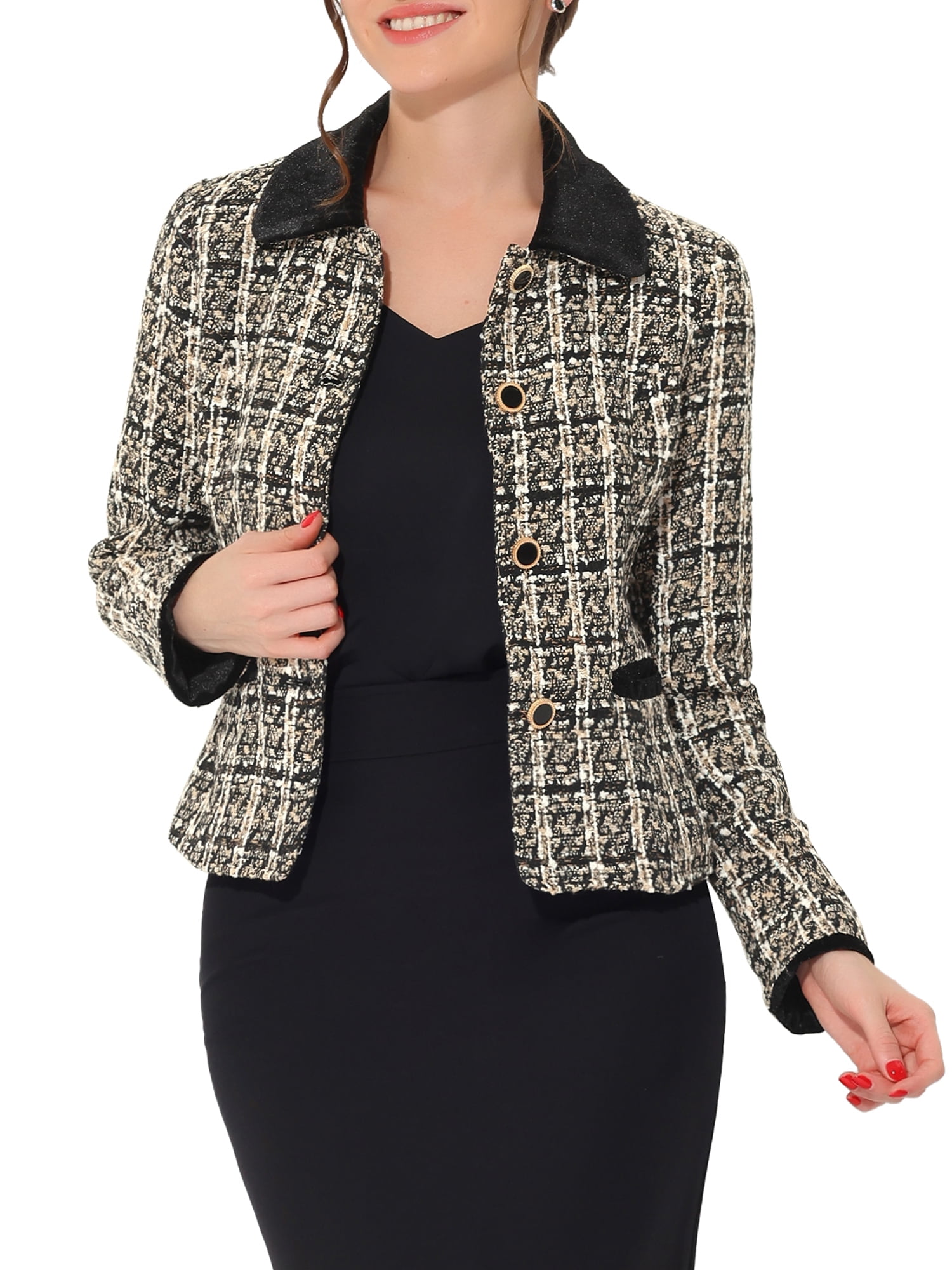 DARING DIVA Women's Elegant Velvet Collared Tweed Jacket Blazer XL ...