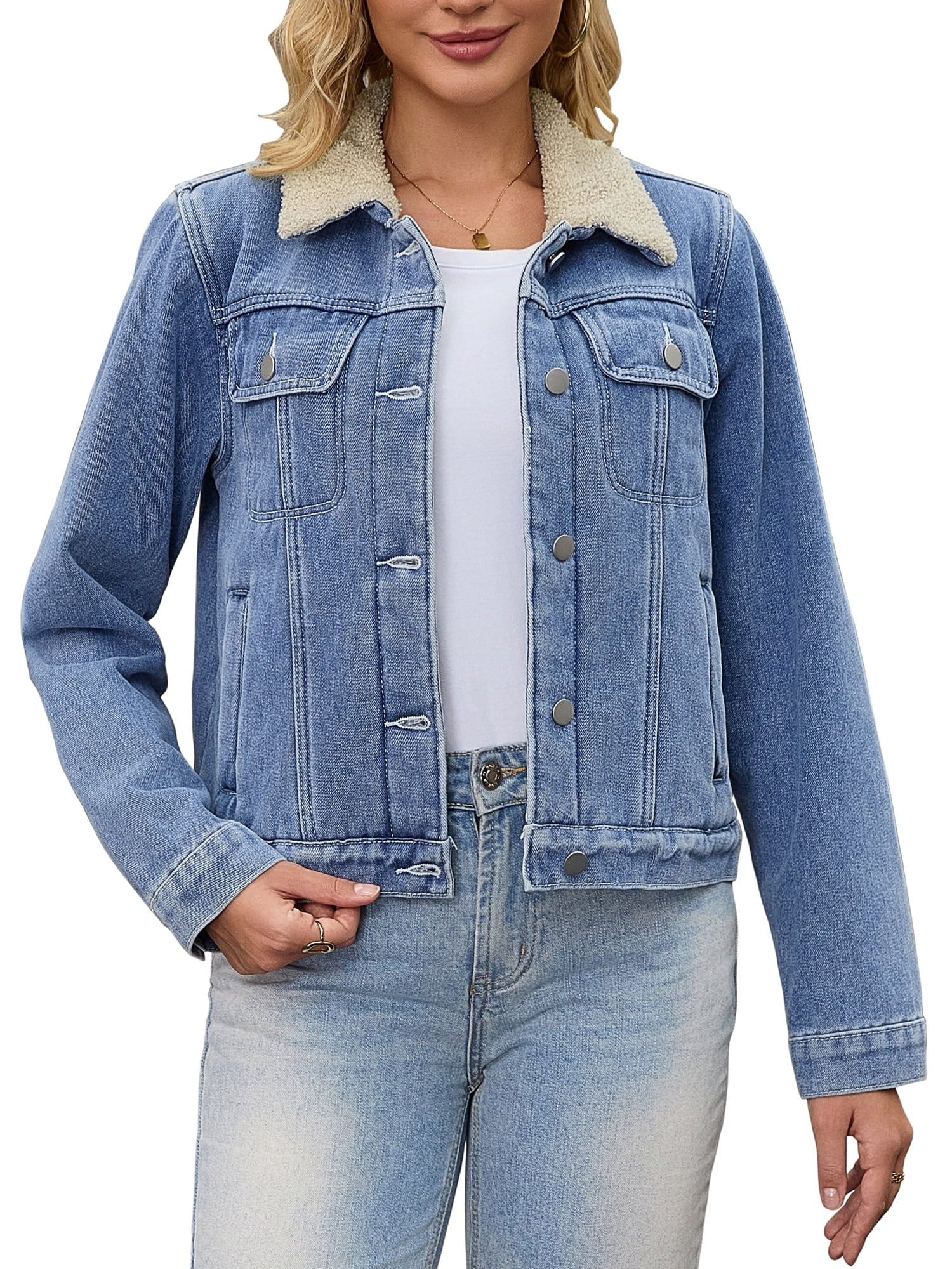 DARING DIVA Women's Faux Fur Collar Fleece Lined Denim Trucker Jacket ...