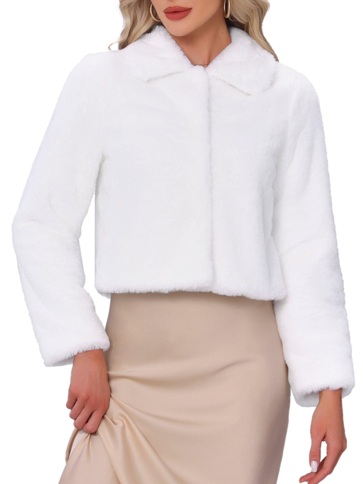 DARING DIVA Women's Faux Fur Cropped Snap Button Fluffy Jackets L White ...