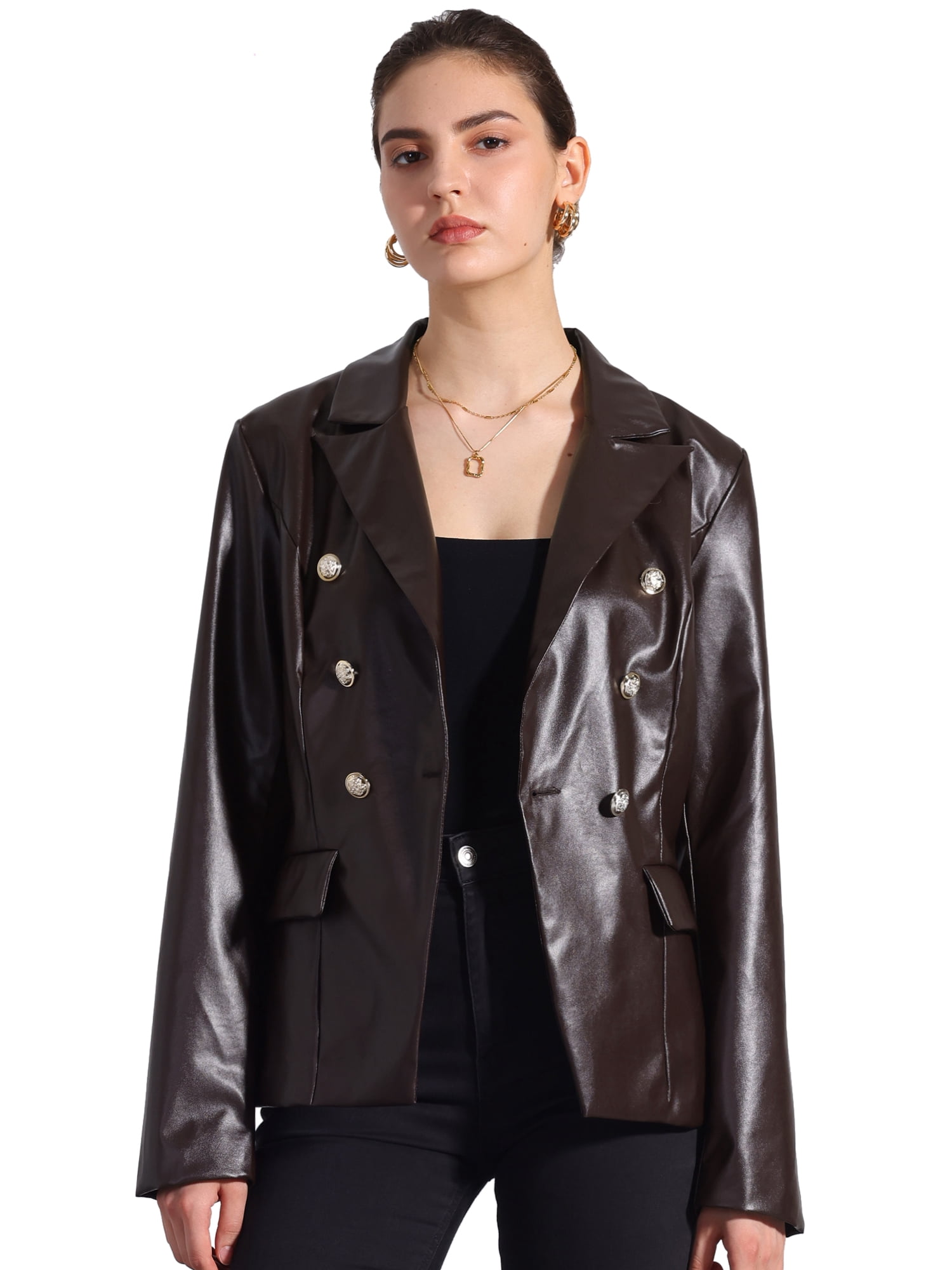 DARING DIVA Women's Faux PU Leather Double Breasted Blazers S Coffee ...
