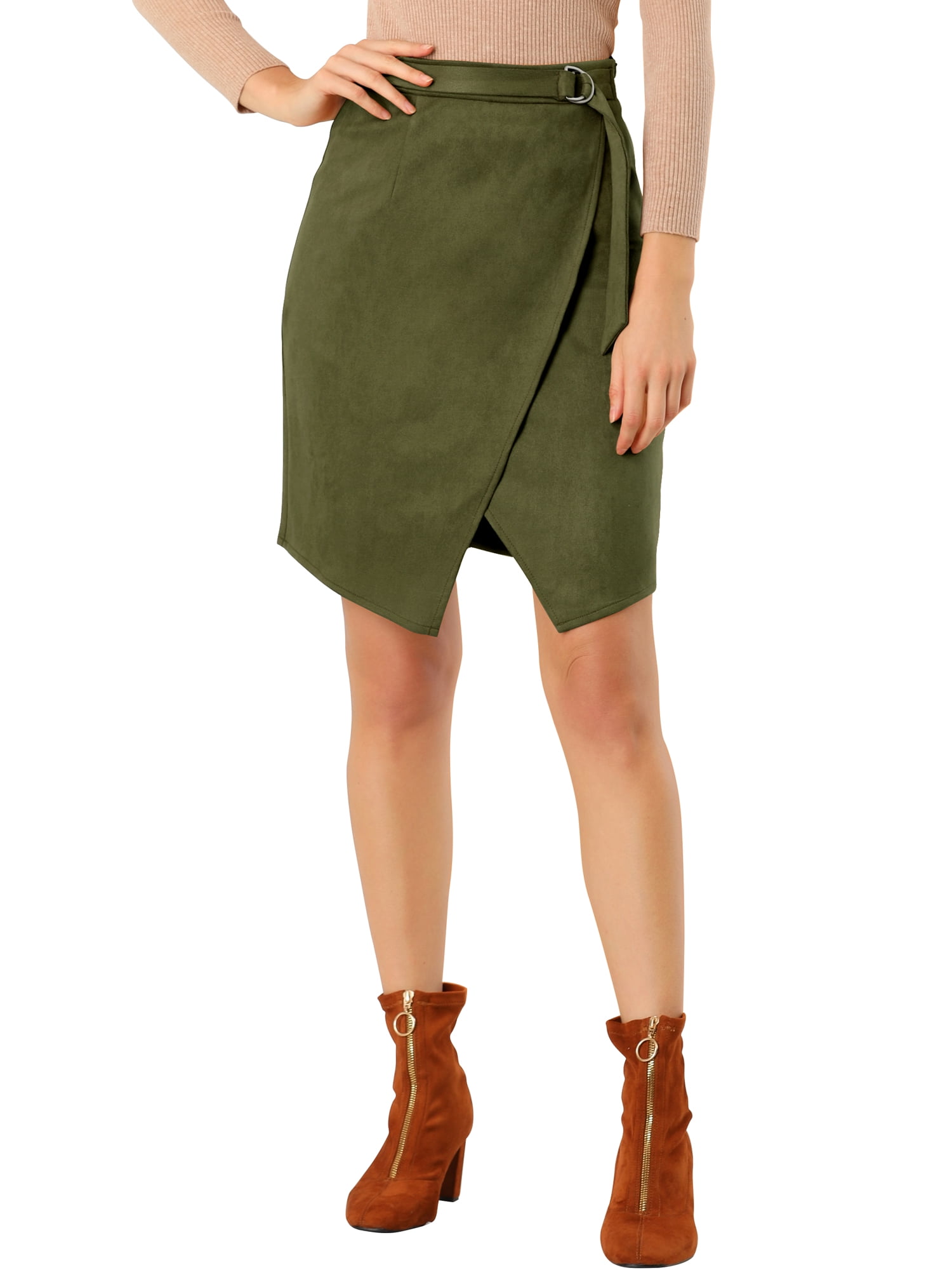 DARING DIVA Women's Faux Suede Fall Front Slit Wrap Pencil Skirt M Dark ...