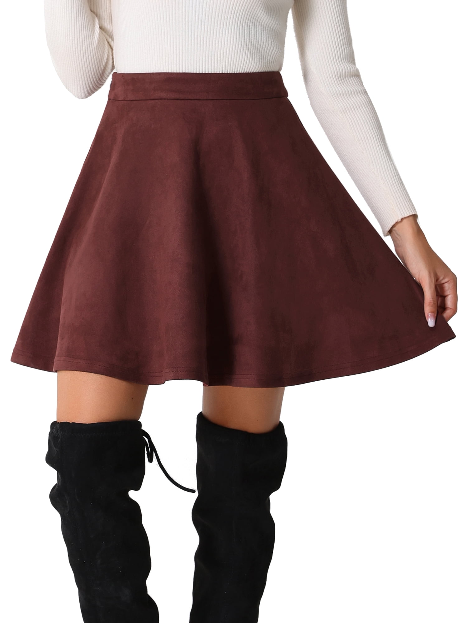 DARING DIVA Women's Faux Suede Short Flared Casual Mini Skater Skirt L ...