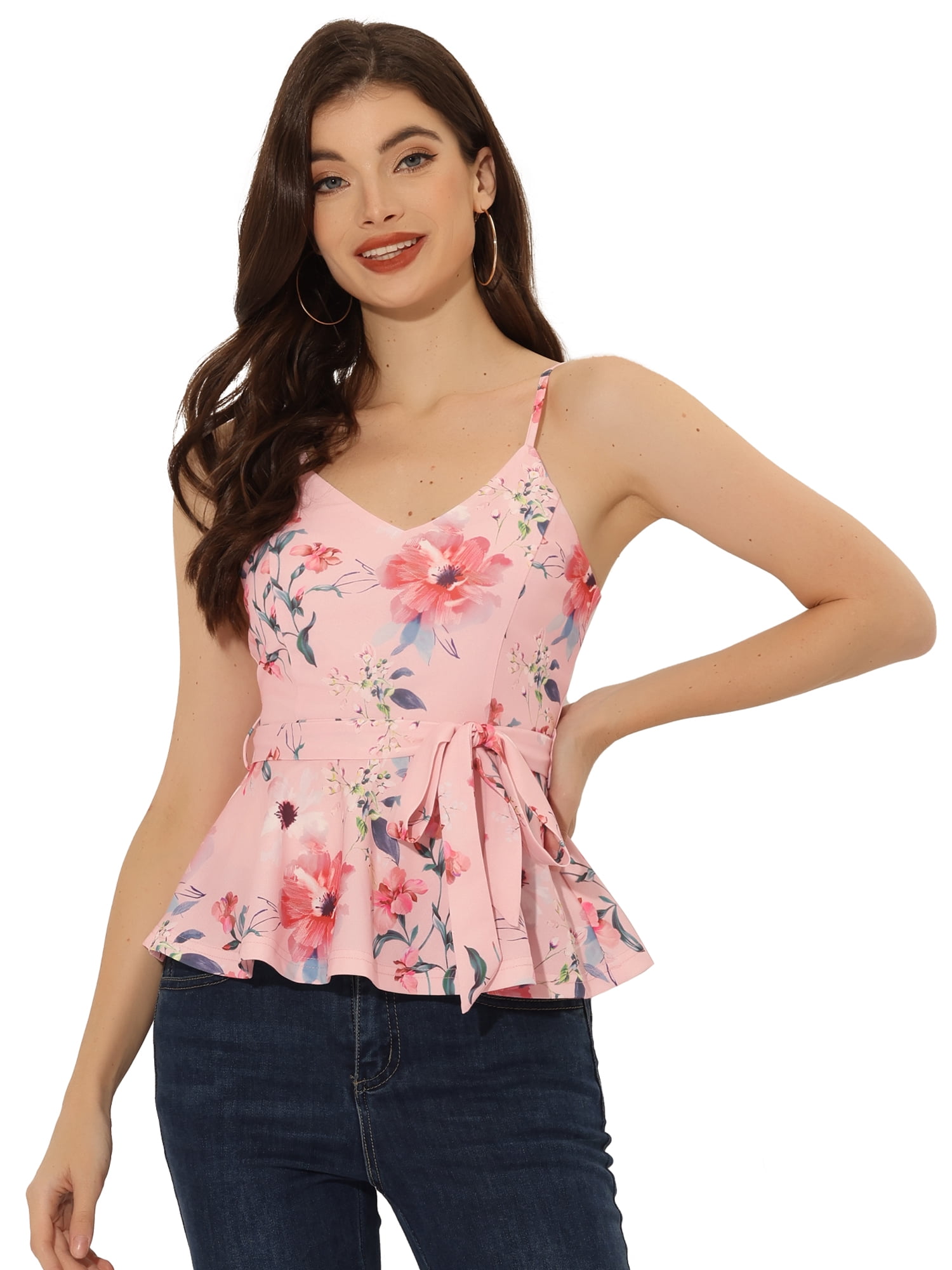 DARING DIVA Women's Floral Cami Tank V Neck Tie Waist Peplum Blouse XL ...