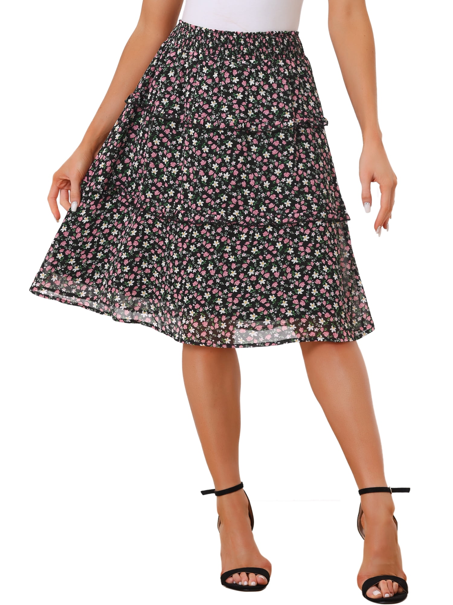 DARING DIVA Women's Floral Chiffon Layer Ruffle Hem Midi Skirt L Black1 ...