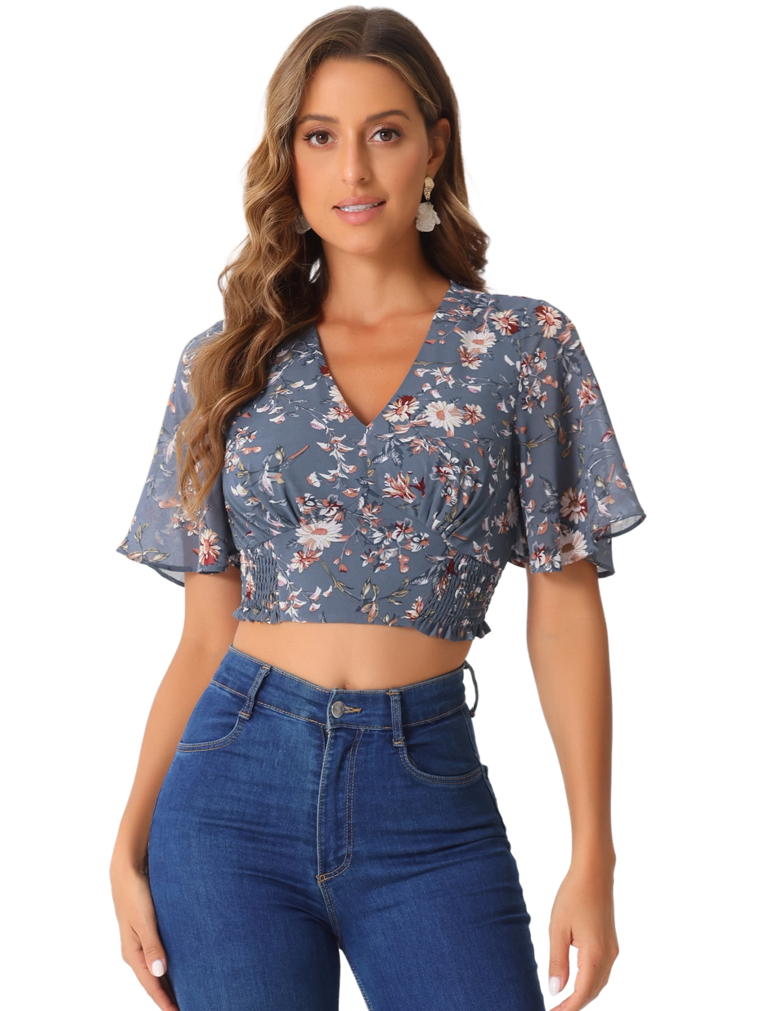DARING DIVA Women's Floral Flare Short Sleeve V Neck Smocked Crop Tops ...