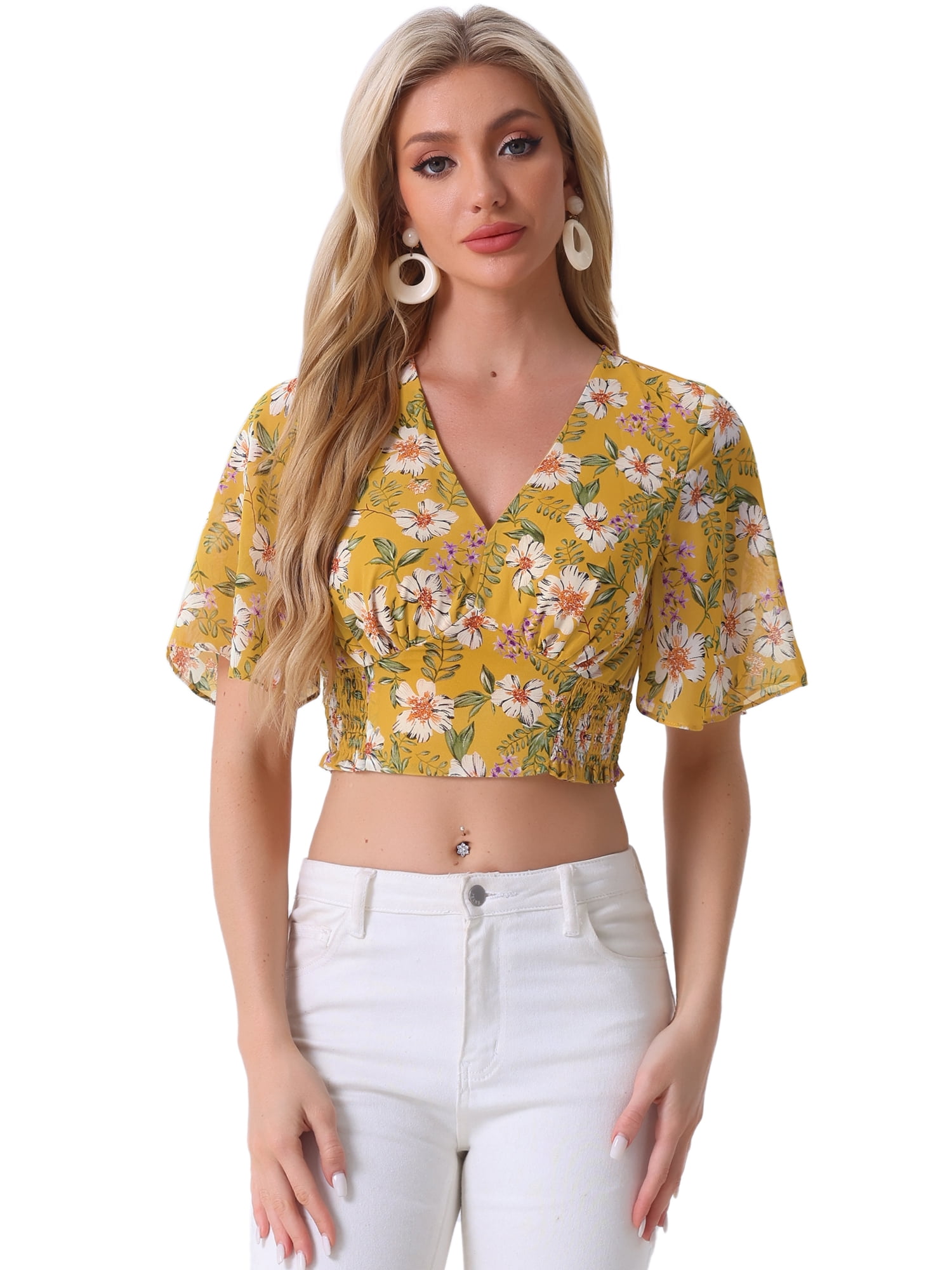 DARING DIVA Women's Floral Flare V Neck Smocked Crop Tops L Yellow ...