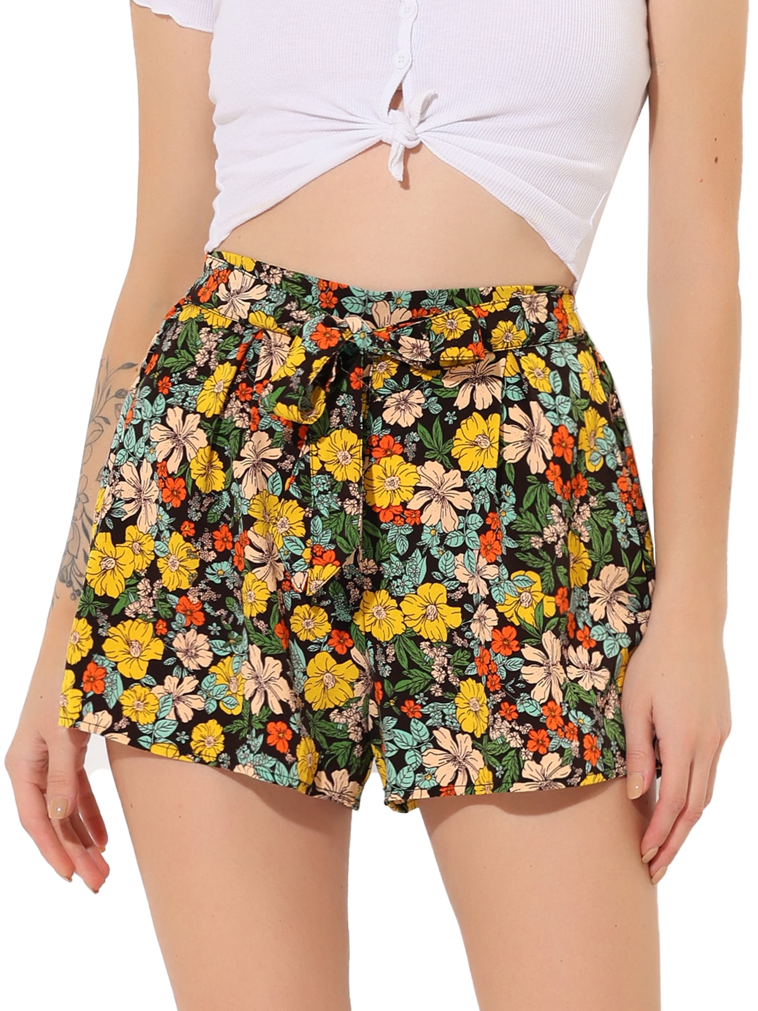 DARING DIVA Women's Floral Print Elastic Tie Waist Beach Short M Black ...