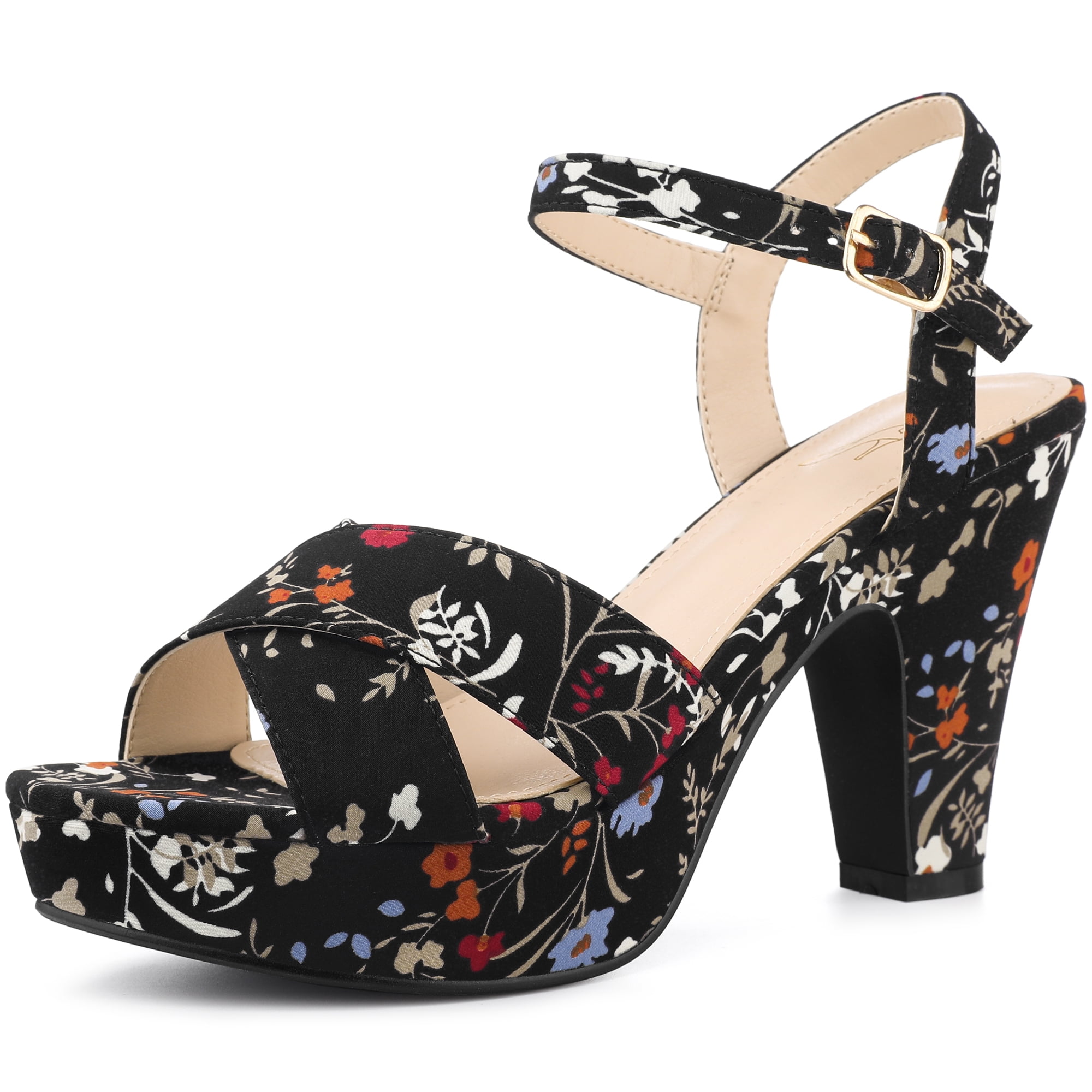 DARING DIVA Women's Floral Print Platform Block Heels SandalsBlack 8.5 ...
