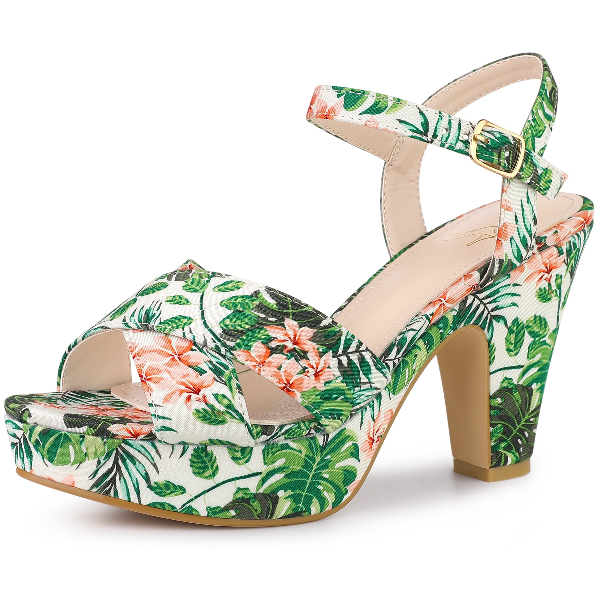 DARING DIVA Women's Floral Print Platform Block Heels SandalsGreen 10 ...