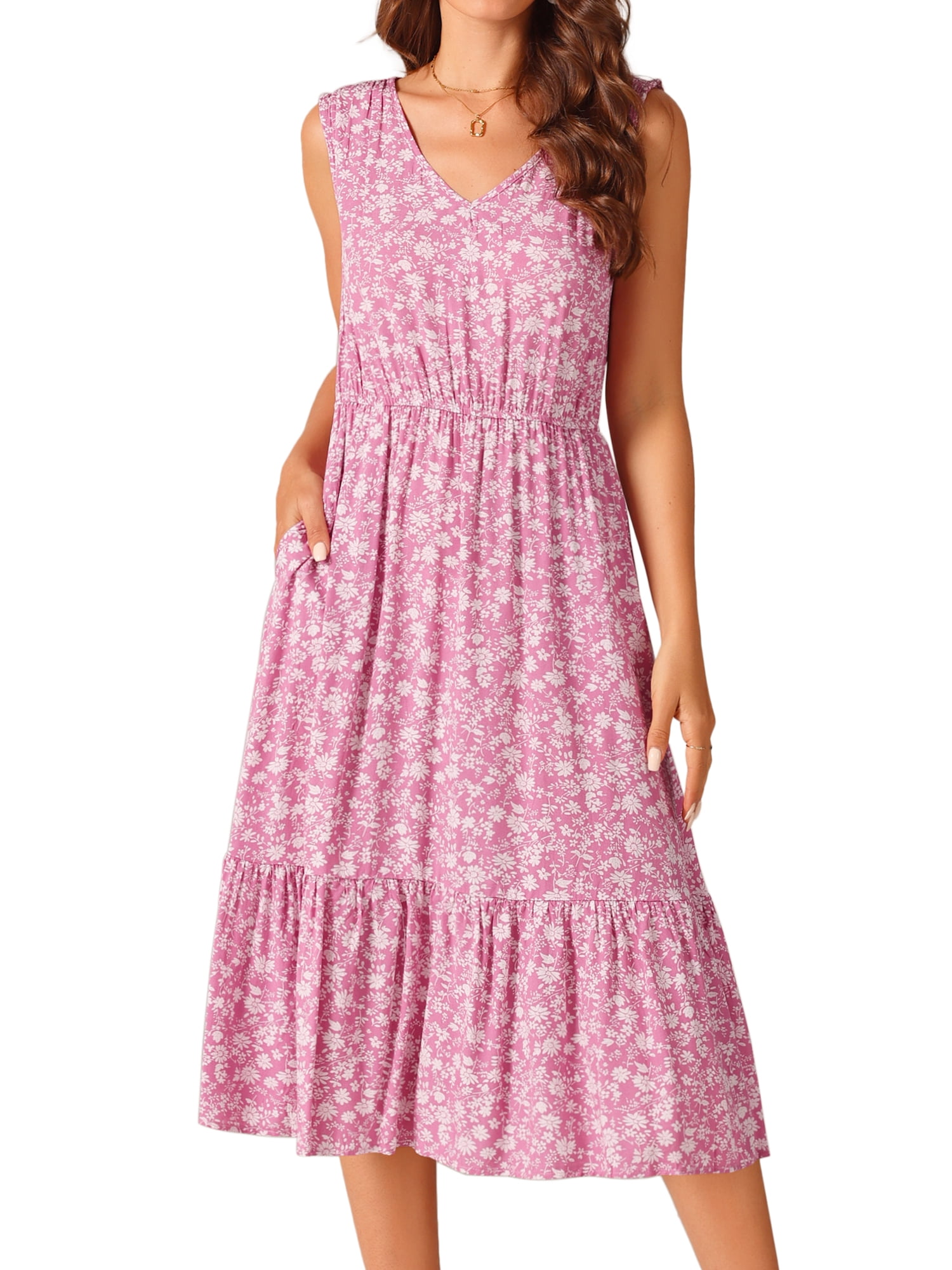 DARING DIVA Women's Floral V Neck Sleeveless Midi Dresses S Pink ...