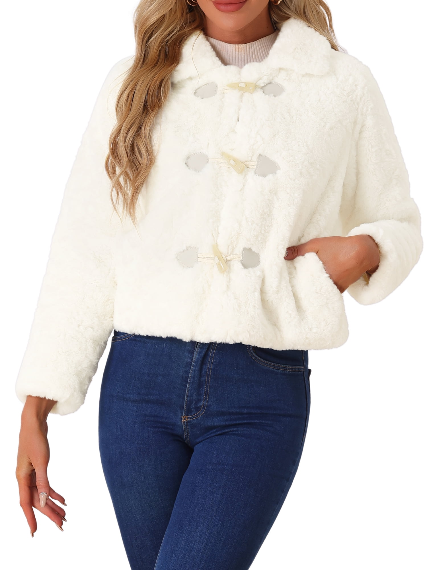 DARING DIVA Women's Fluffy Collar Cropped Faux Fur Coat S White ...