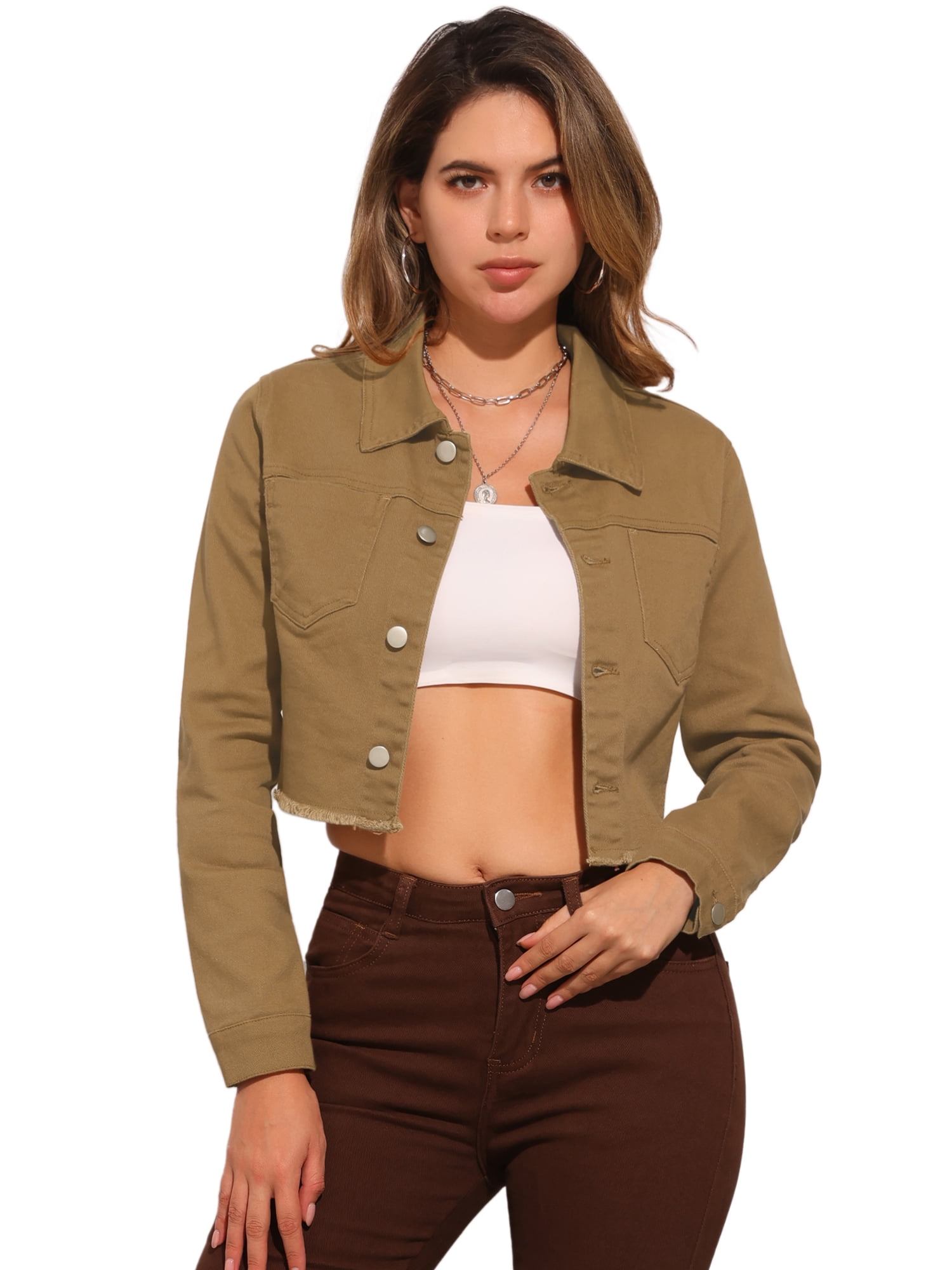 DARING DIVA Women's Frayed Button Up Washed Cropped Denim Jackets L ...