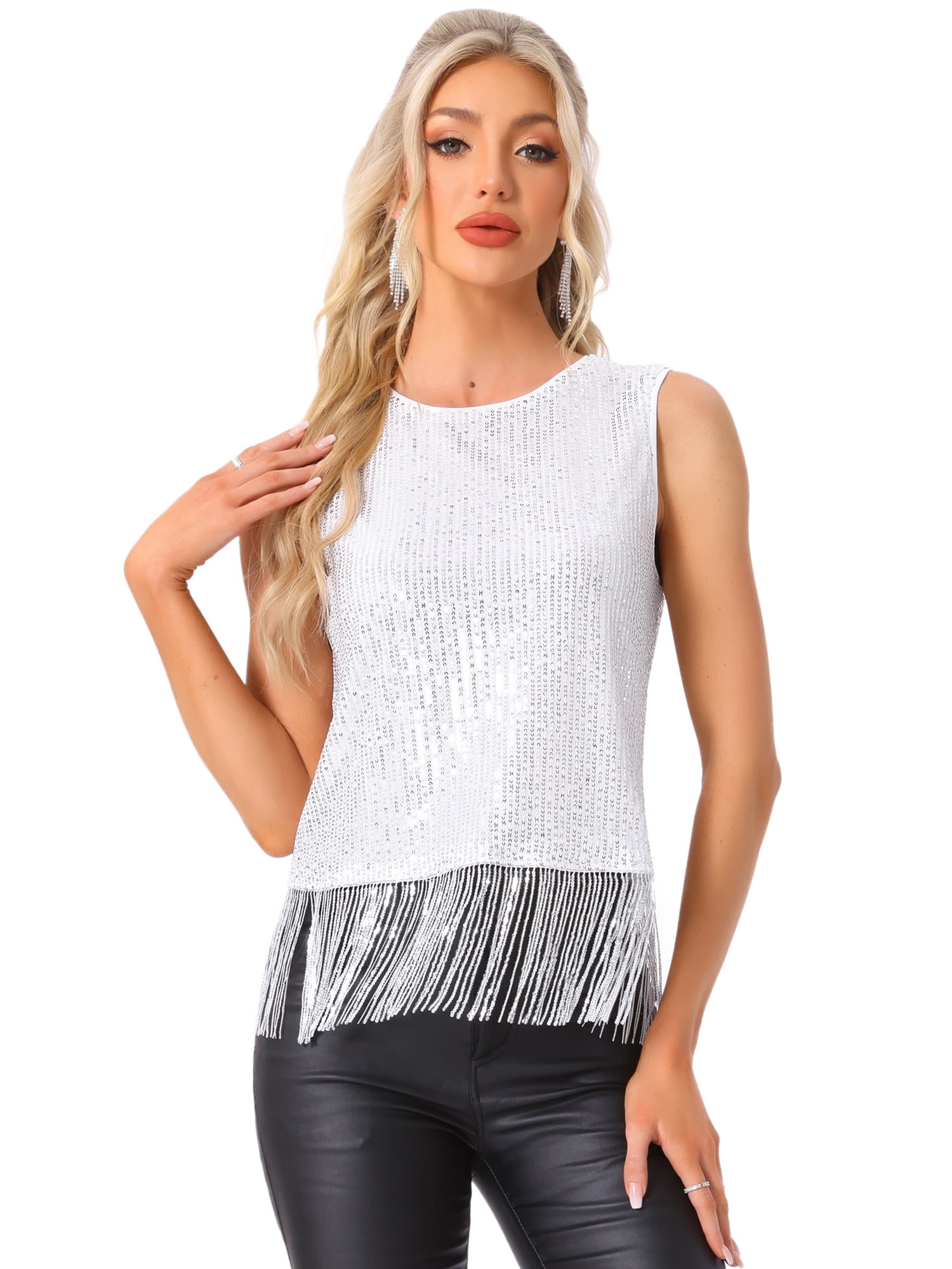 DARING DIVA Women's Fringe Hem Sleeveless Round Neck Tank Tops XS White ...