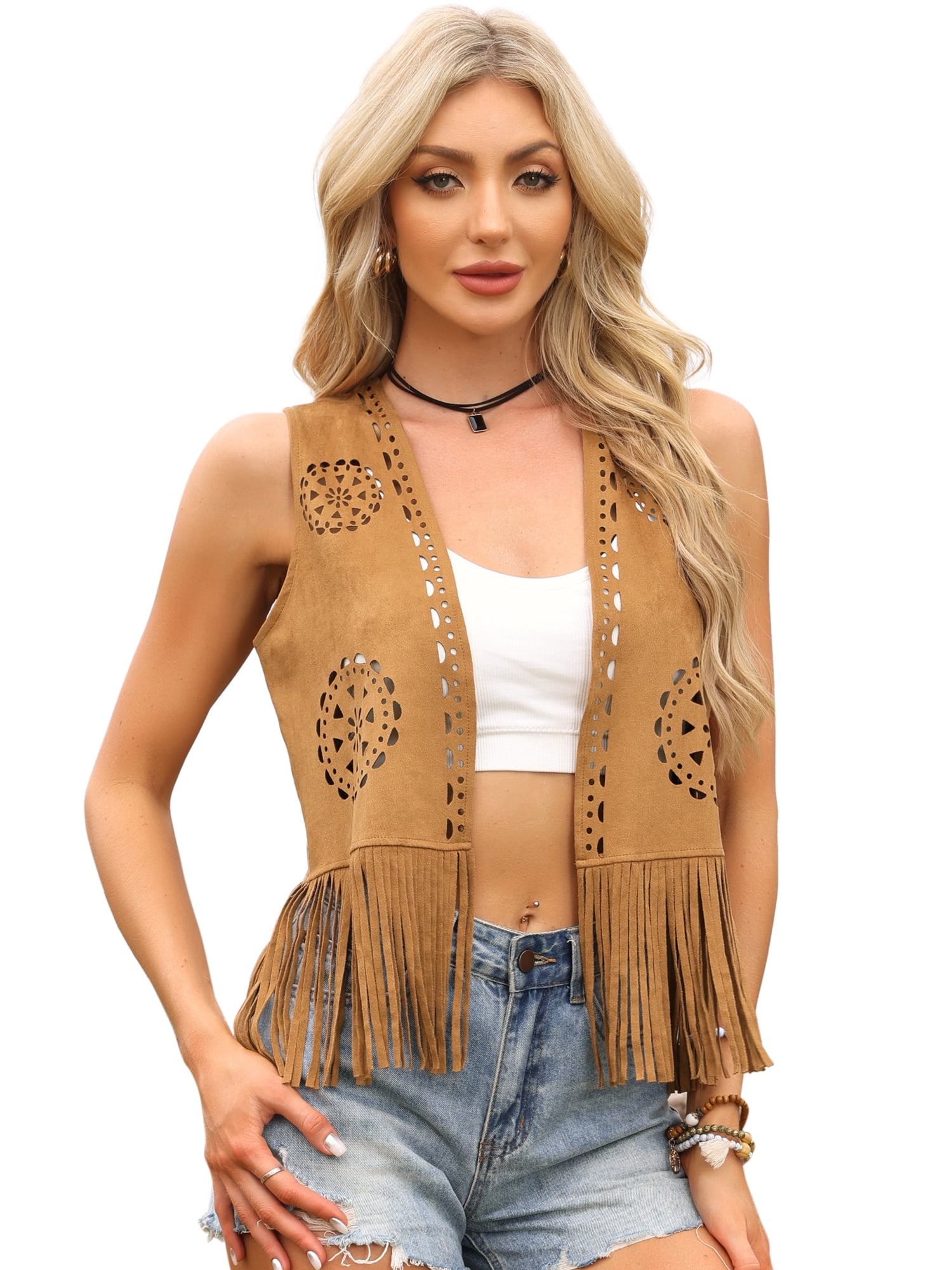 DARING DIVA Women's Fringe Open Front Faux Suede Tassel Vest Top ...