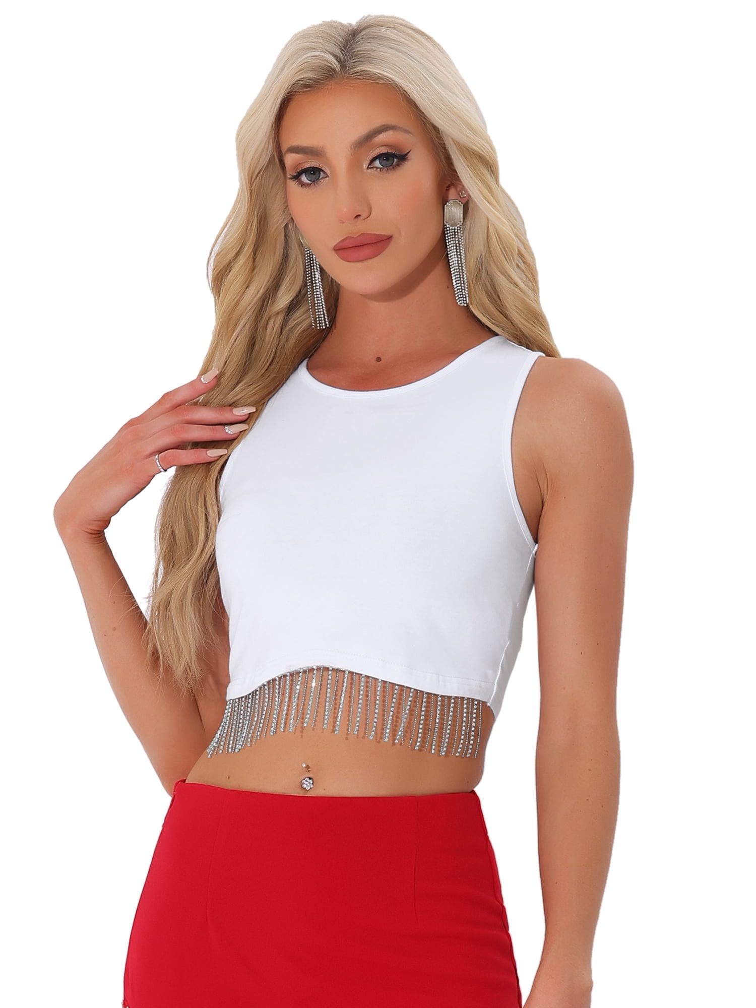 DARING DIVA Women's Fringe Tops Y2K Raceback Sparkly Tank Crop Tops XS ...