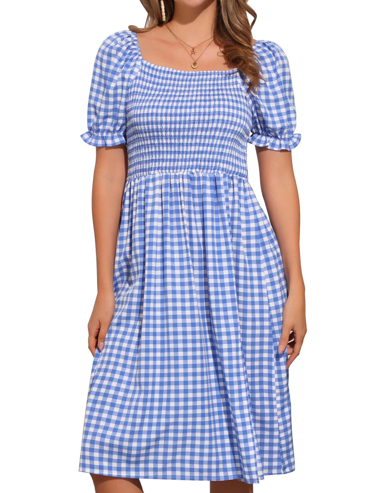 DARING DIVA Women's Gingham Square Neck Short Sleeve Casual Plaid ...