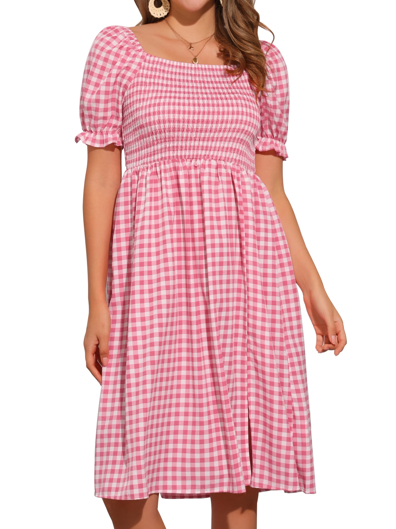 DARING DIVA Women's Gingham Square Neck Short Sleeve Casual Plaid ...