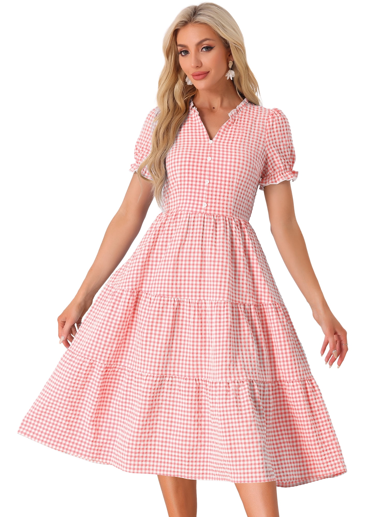DARING DIVA Women's Gingham Summer Ruffle Trim V Neck Dresses L Pink ...