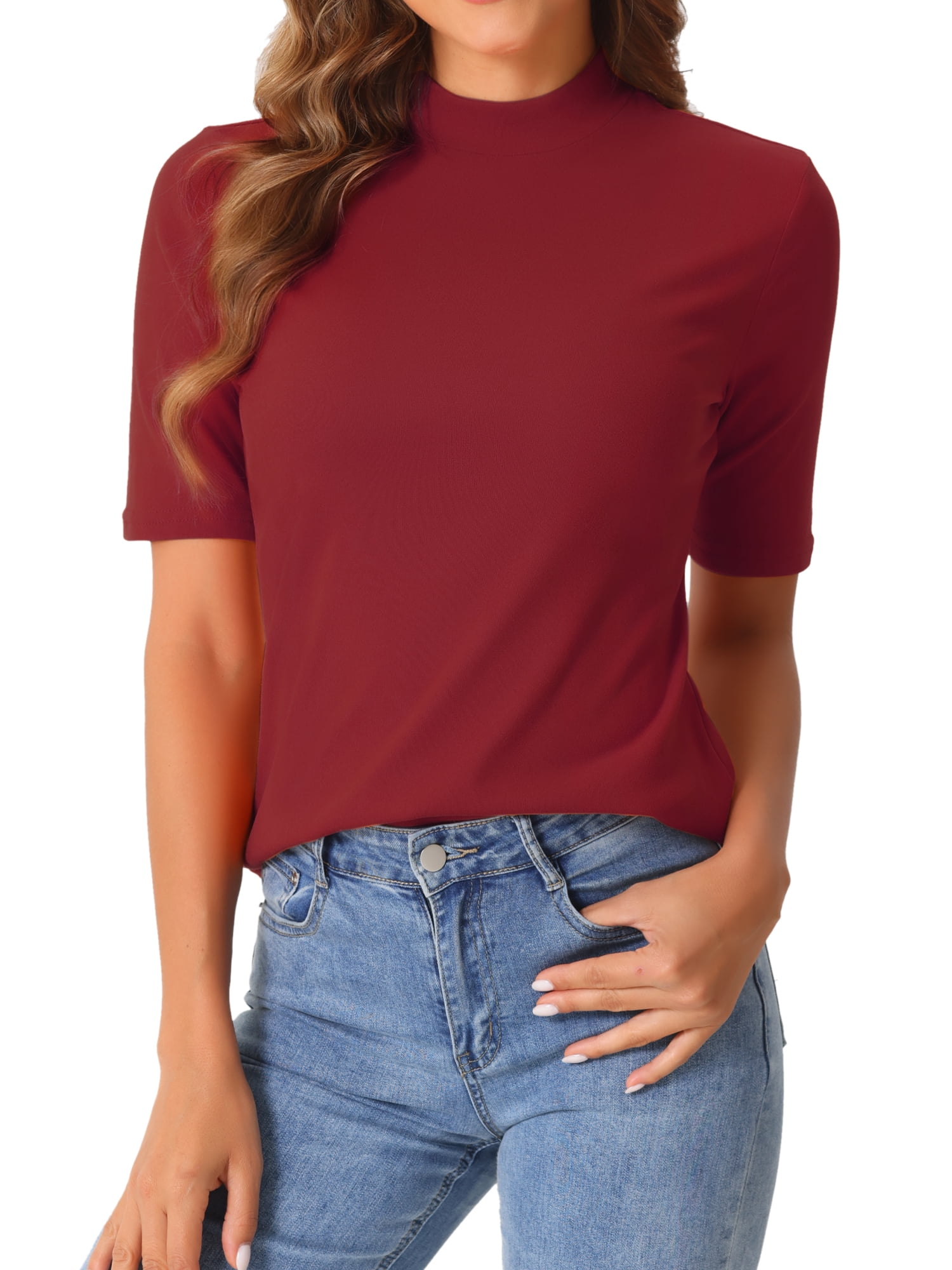 DARING DIVA Women's Half Sleeve Mock Turtleneck Casual Top M Dark Red ...