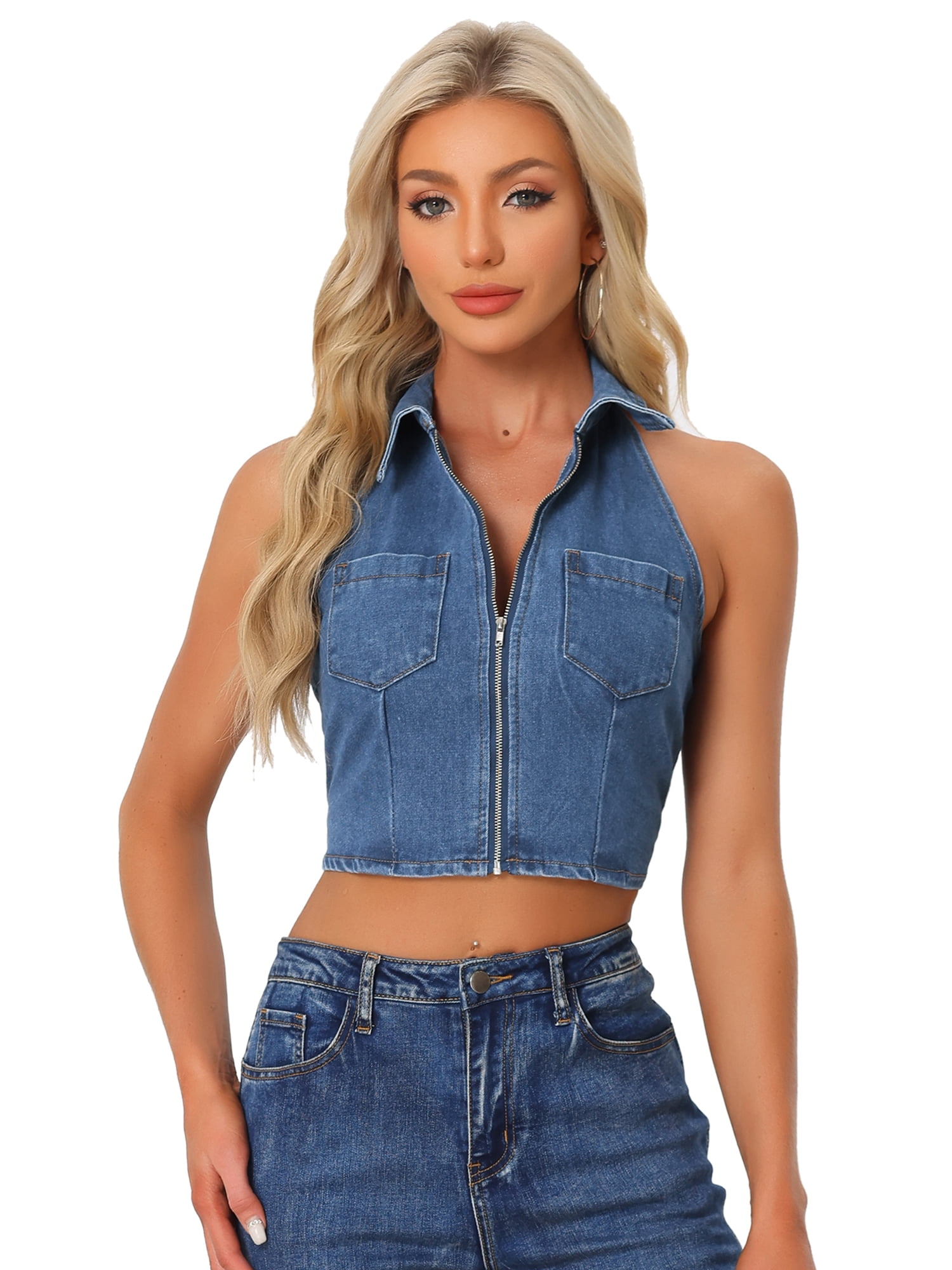 DARING DIVA Women's Halter Denim Top Zipper Up Collared Sleeveless ...
